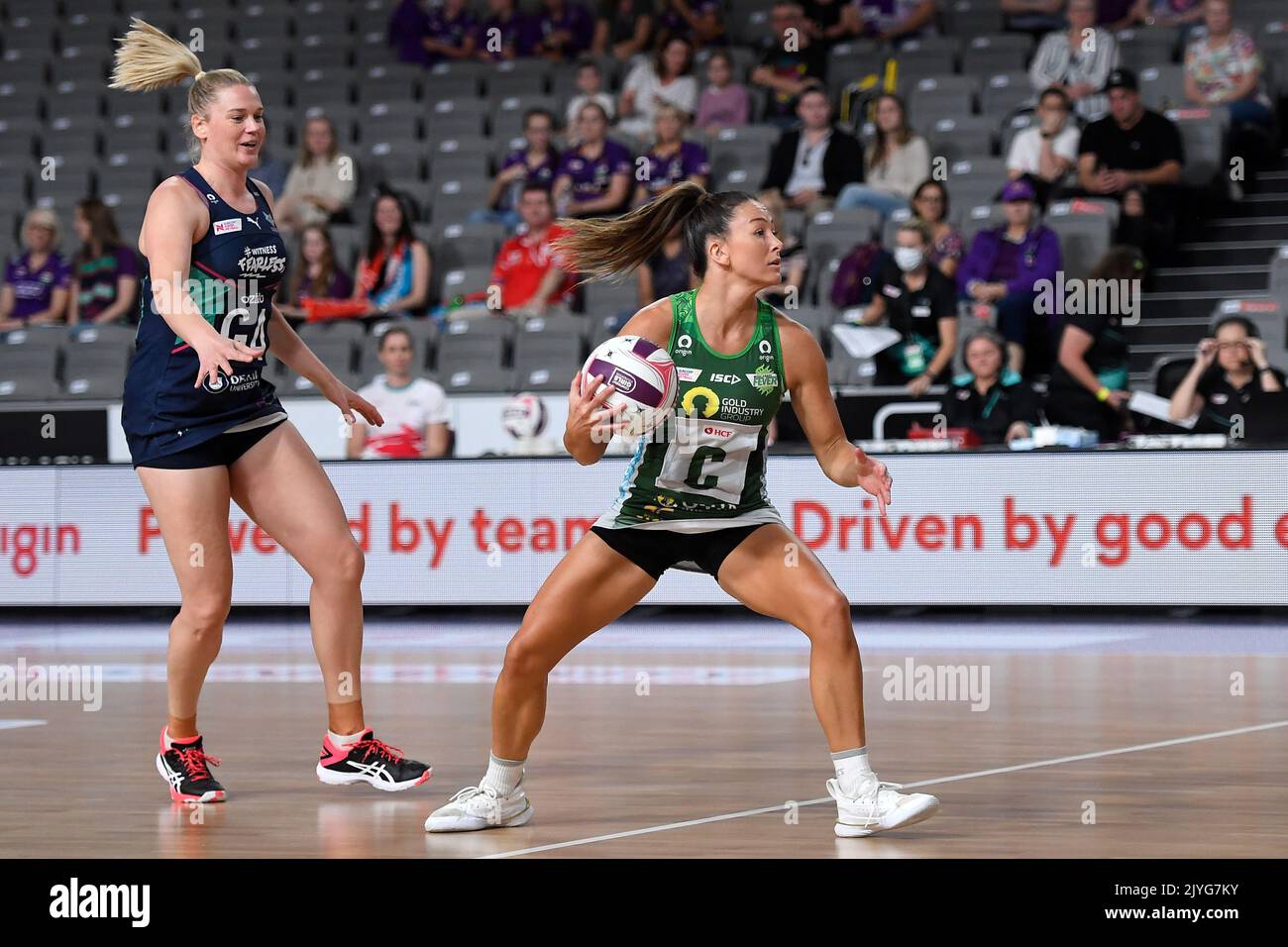 Verity Charles of the Fever in action during the Round 10 Super Netball ...