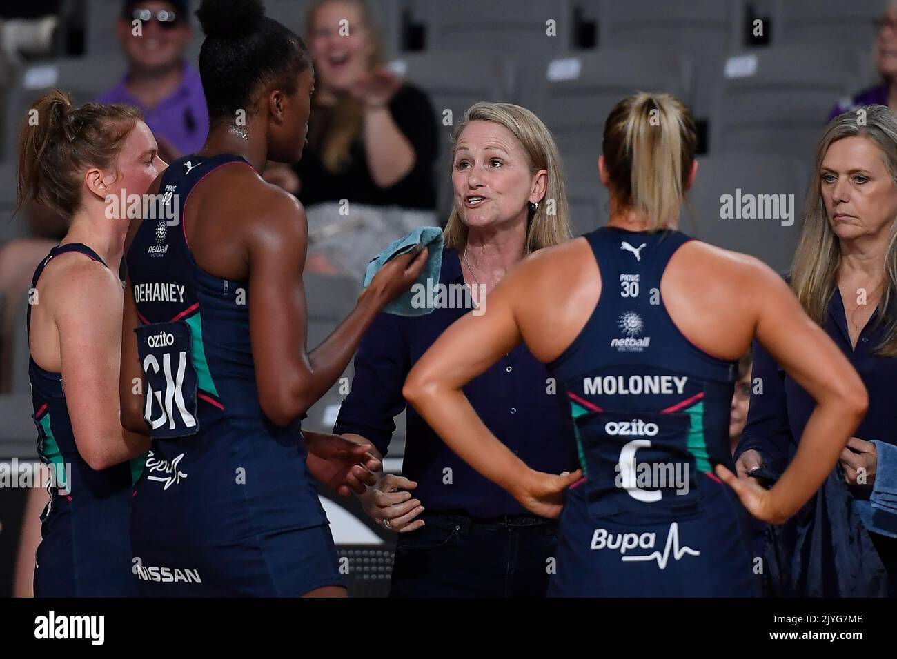 Melbourne Vixens head coach Simone McKinnis gestures during the Round 10 Super Netball match ...
