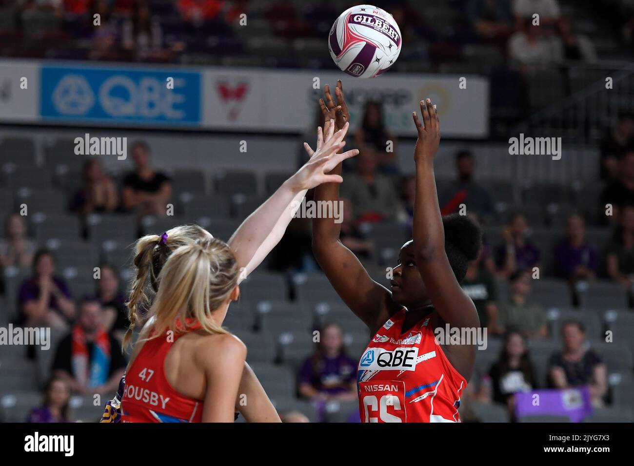 Sam Wallace of the Swifts shoots during the Round 10 Super Netball ...