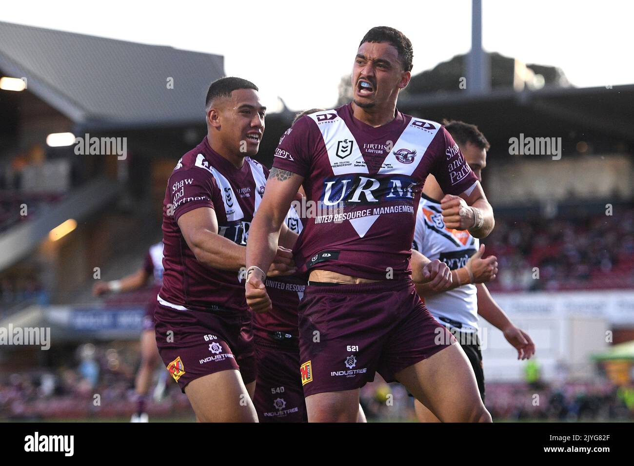 Morgan Harper of the Sea Eagles celebrates after scoring a try during ...