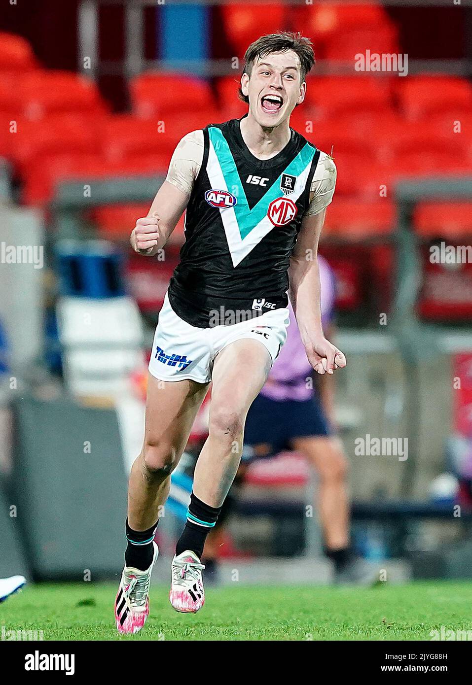 Zak Butters of the Power reacts after kicking a goal during the Round ...