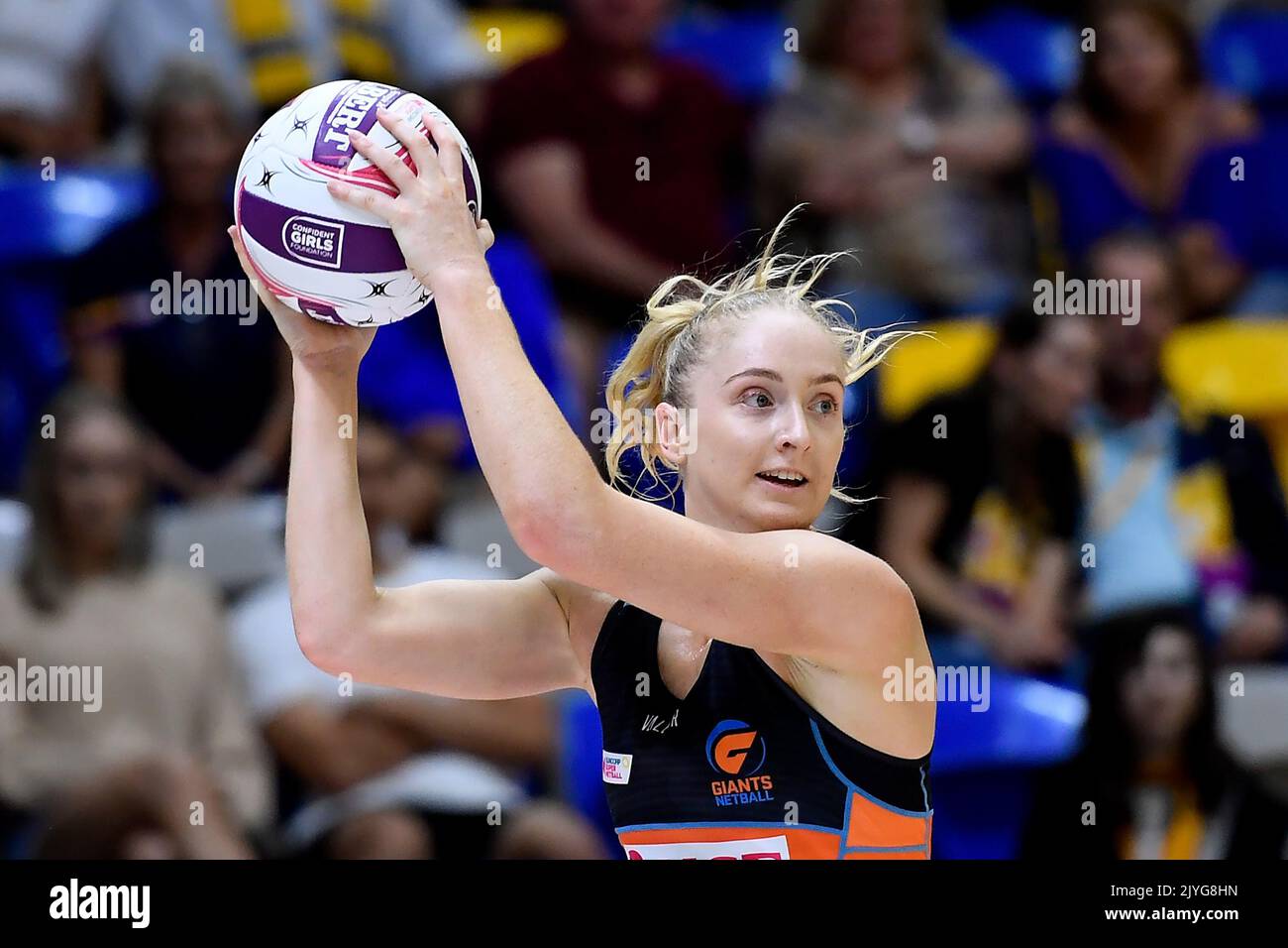 Maddie Hay of the Giants in action during the Round 10 Super Netball ...