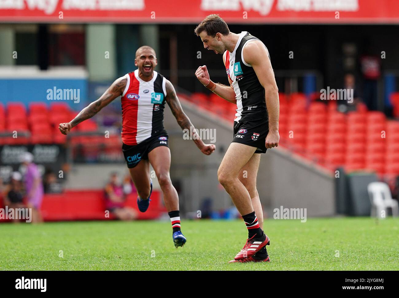 Saints debutant Ryan Abbott reacts after kicking his first goal during ...