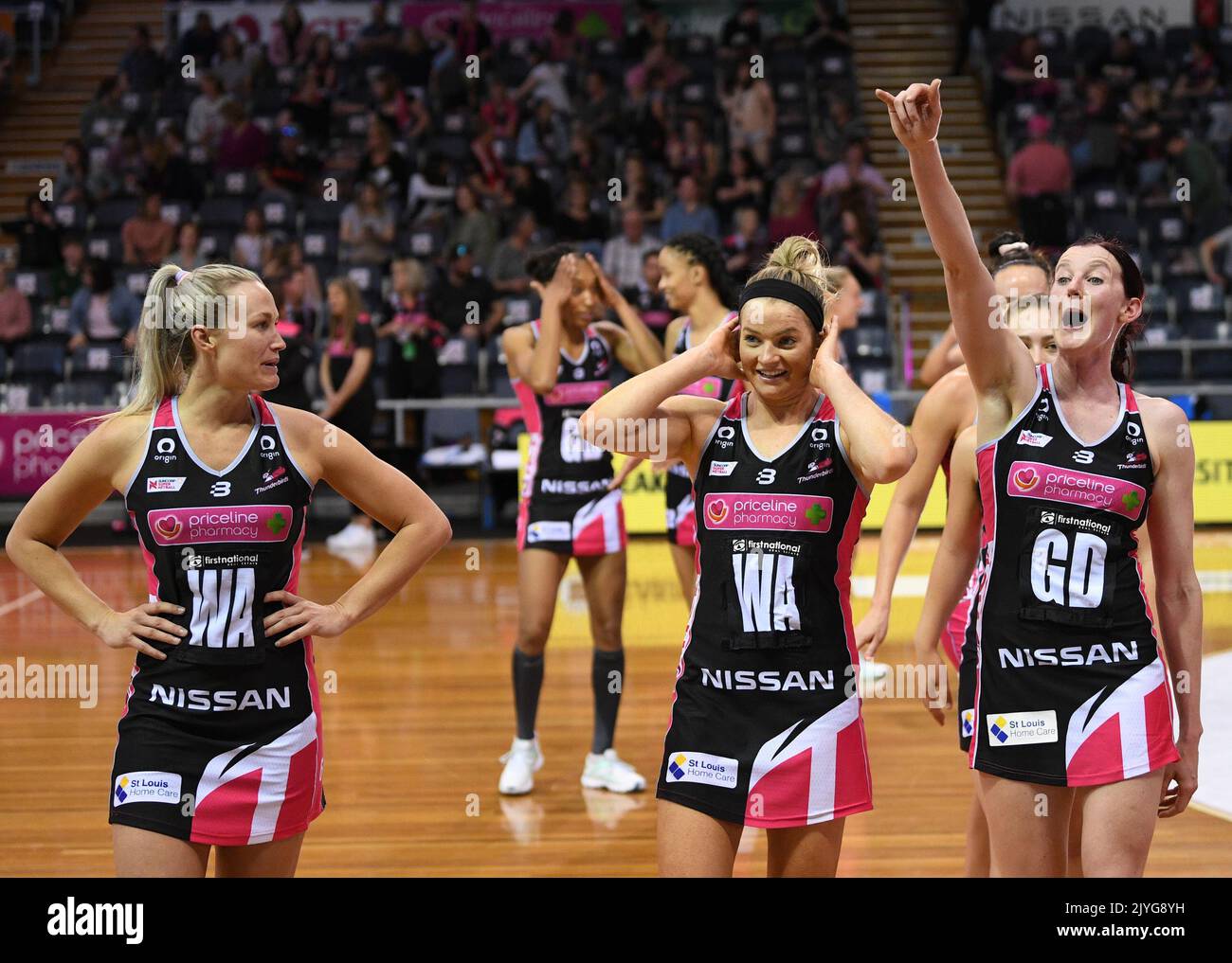Thunderbird players celebrate after the Round 10 Super Netball match ...