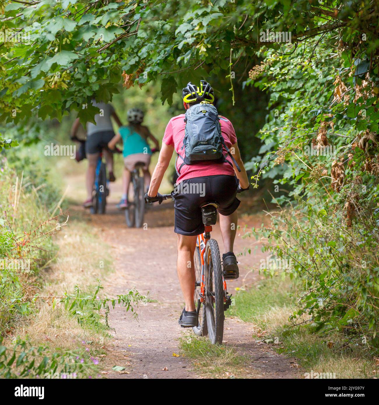 Family cycle ride on a country path Stock Photo - Alamy