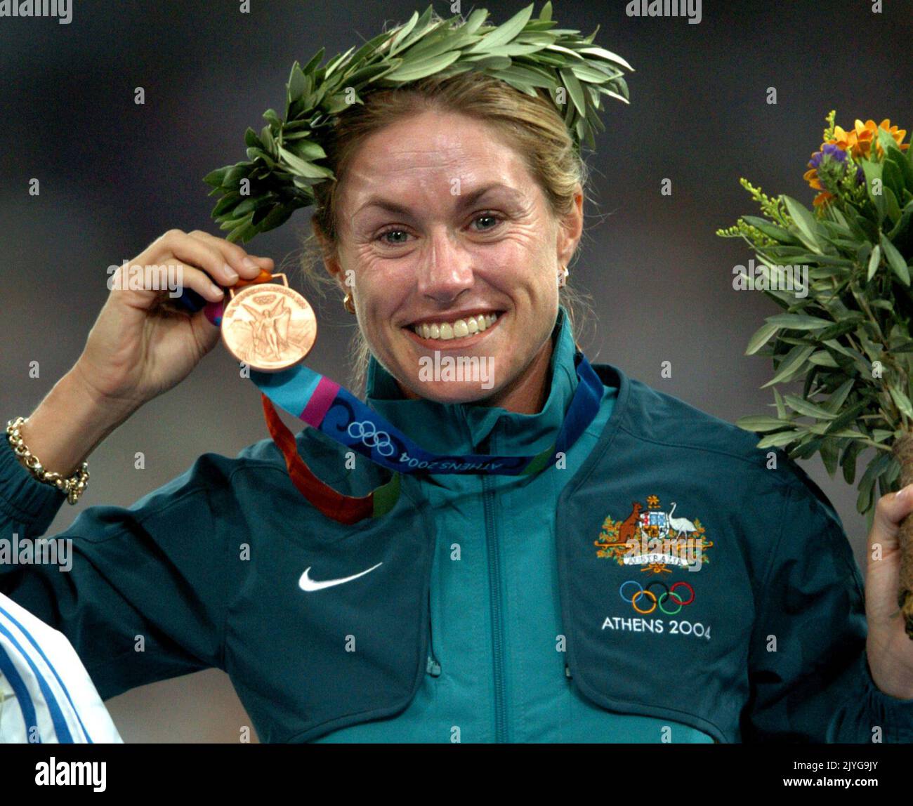 Athens, August 23, 2004. Australian Jane Saville celebrates winning ...