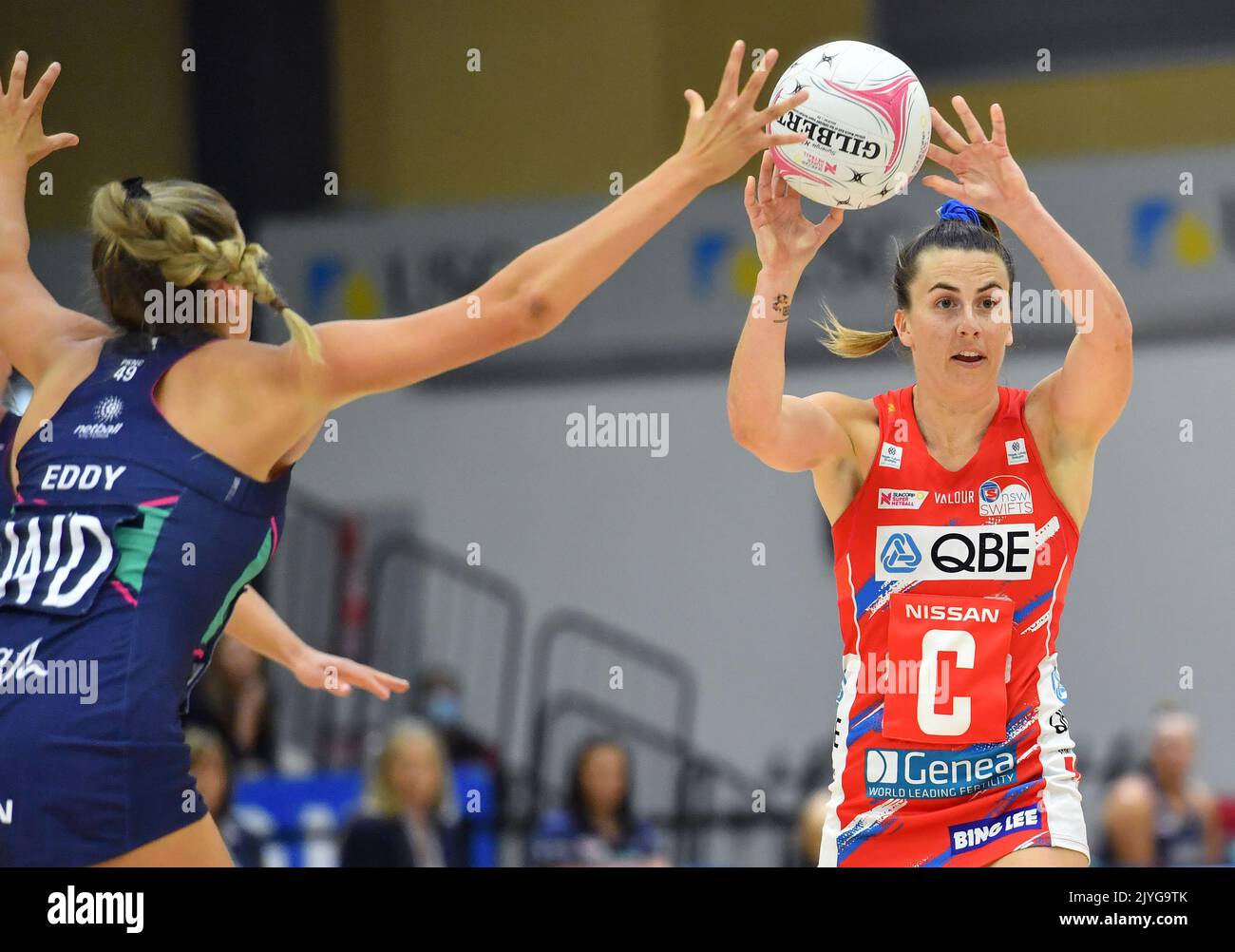 Maddy Proud (right) of the Swifts in action during the Round 11 Super ...