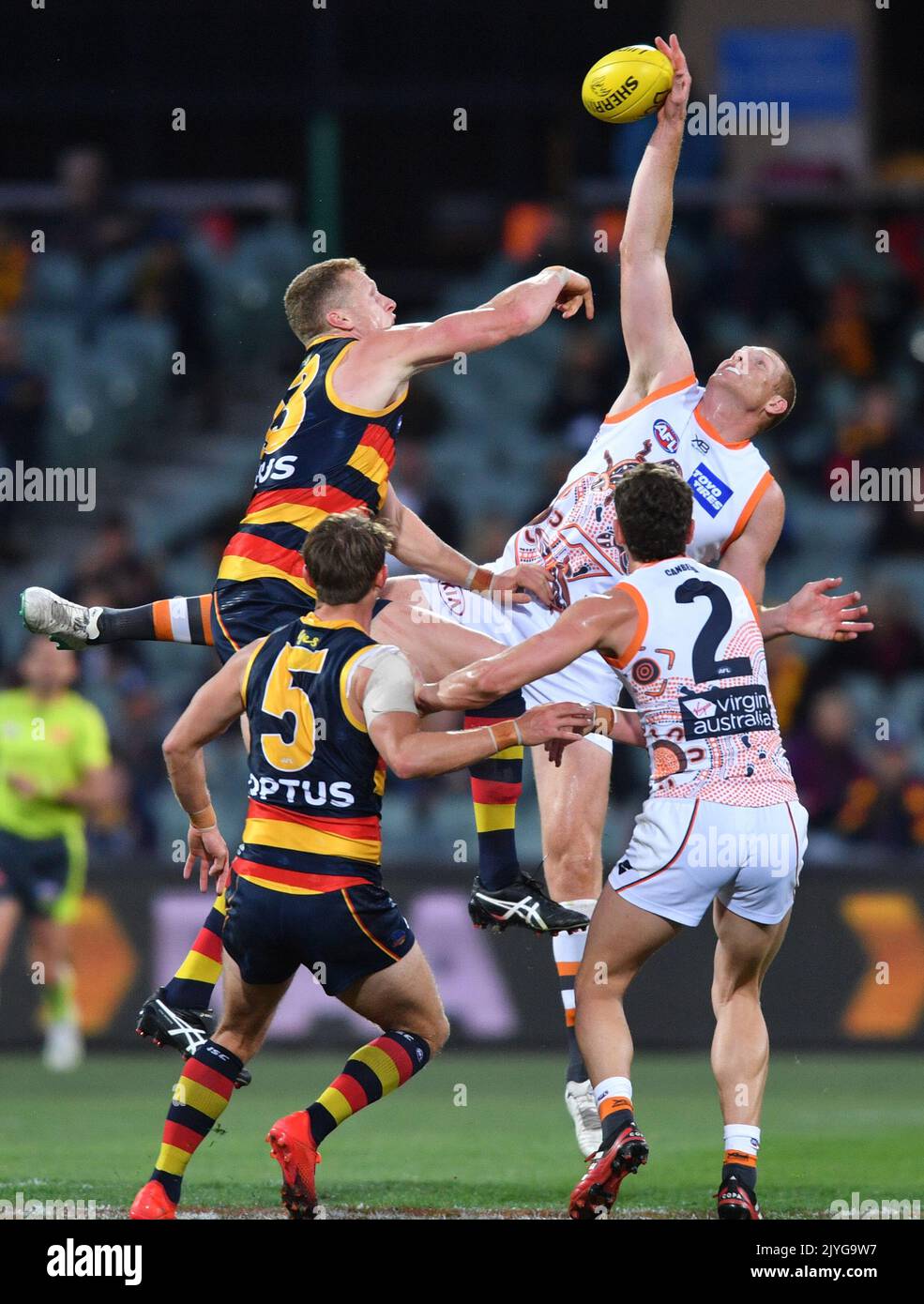 Reilly O’Brien of the Crows and Sam Jacobs of the Giants during the ...