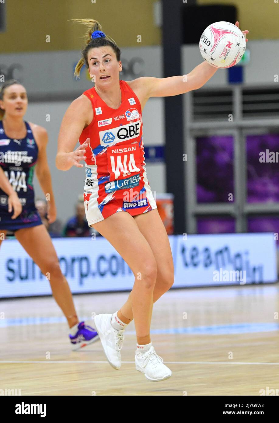Maddy Proud of the Swifts in action during the Round 11 Super Netball ...