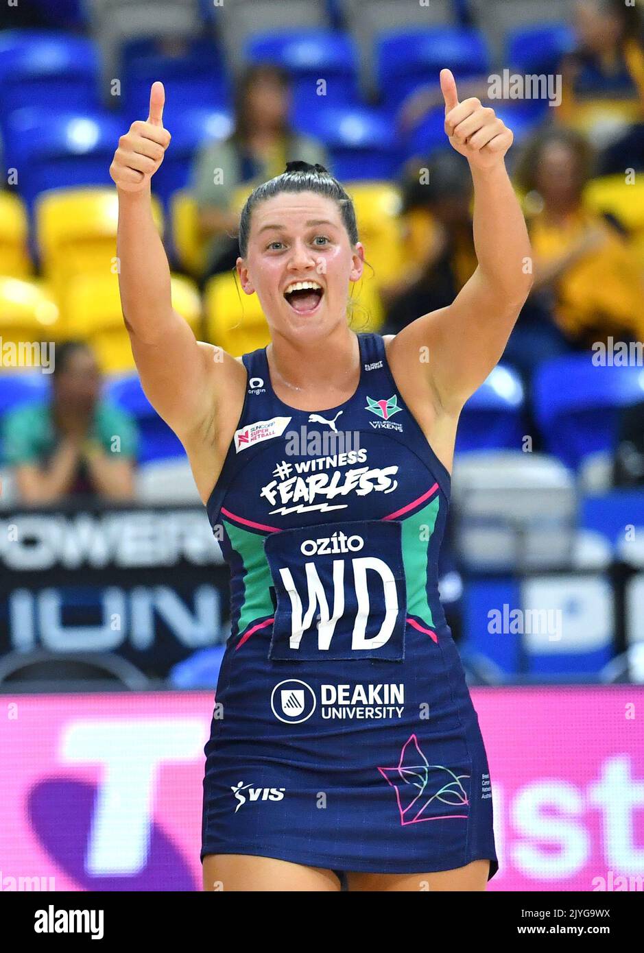 Kate Eddy of the Vixens celebrates winning the Round 11 Super Netball ...