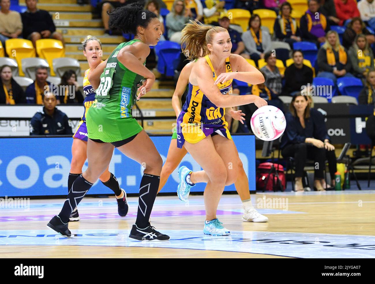 Stephanie Wood (right) of the Lightning in action during the Round 11 ...