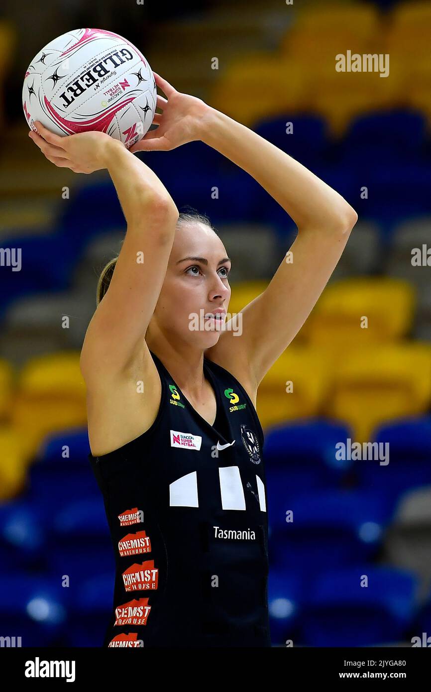 Nyah Allen of the Magpies warms up during the Round 11 Super Netball ...
