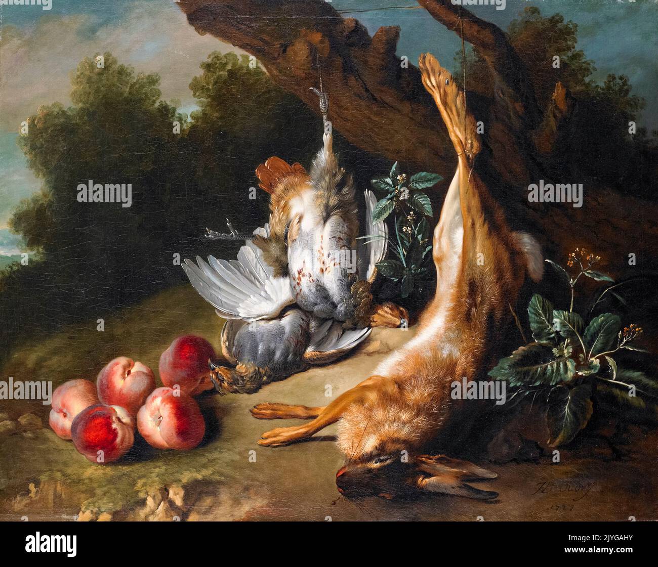 Still life with dead game and peaches in a landscape hi-res stock ...