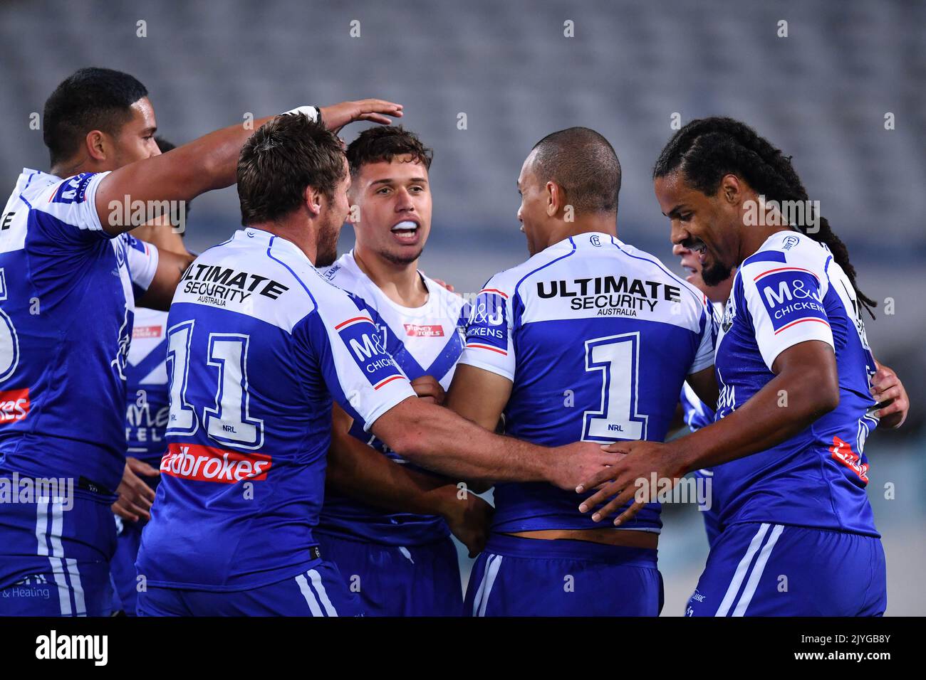 The Bulldogs celebrate Matt Doorey's try during the Round 18 NRL match ...