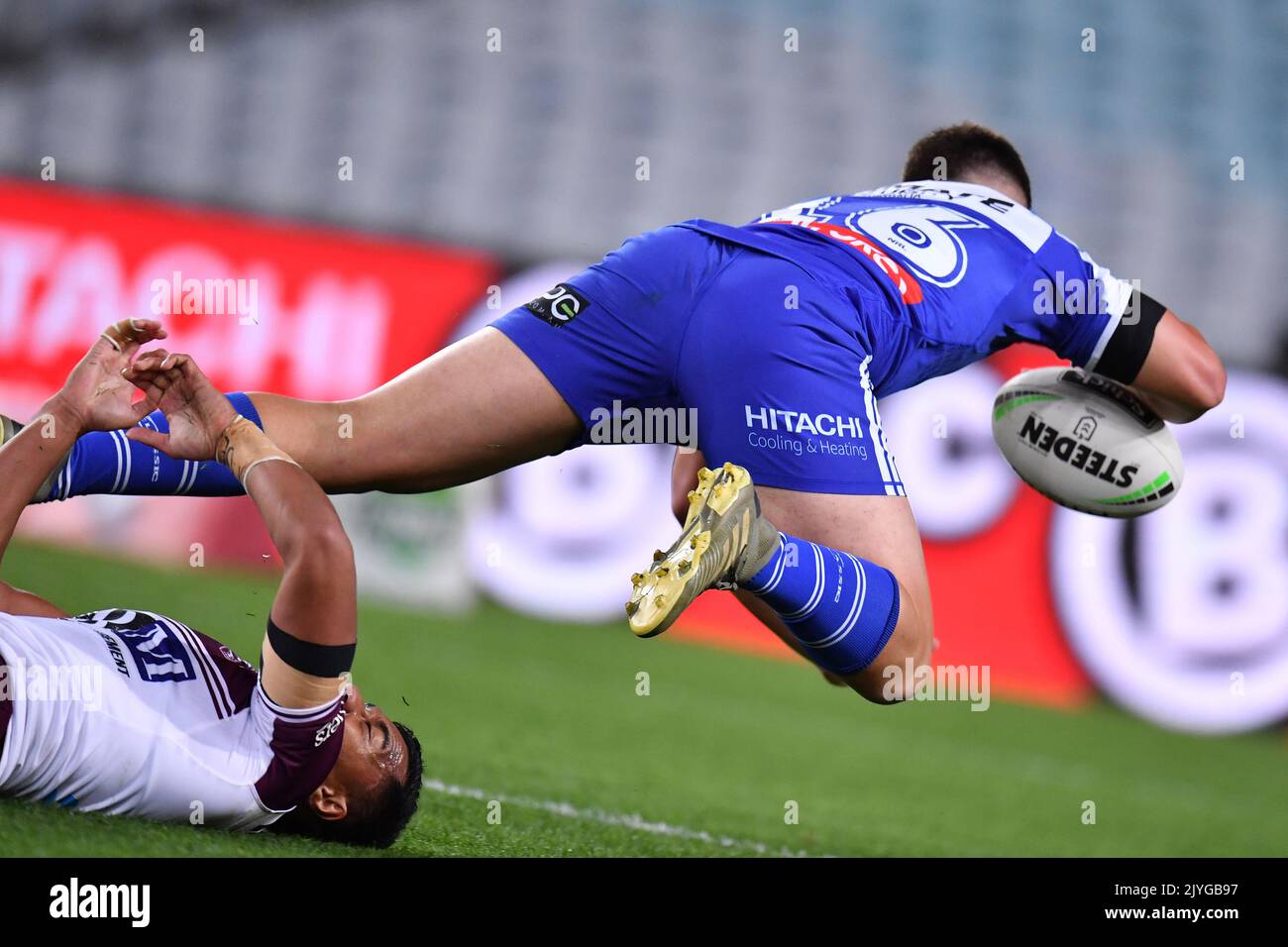Matt Doorey of the Bulldogs scores a try during the Round 18 NRL match ...