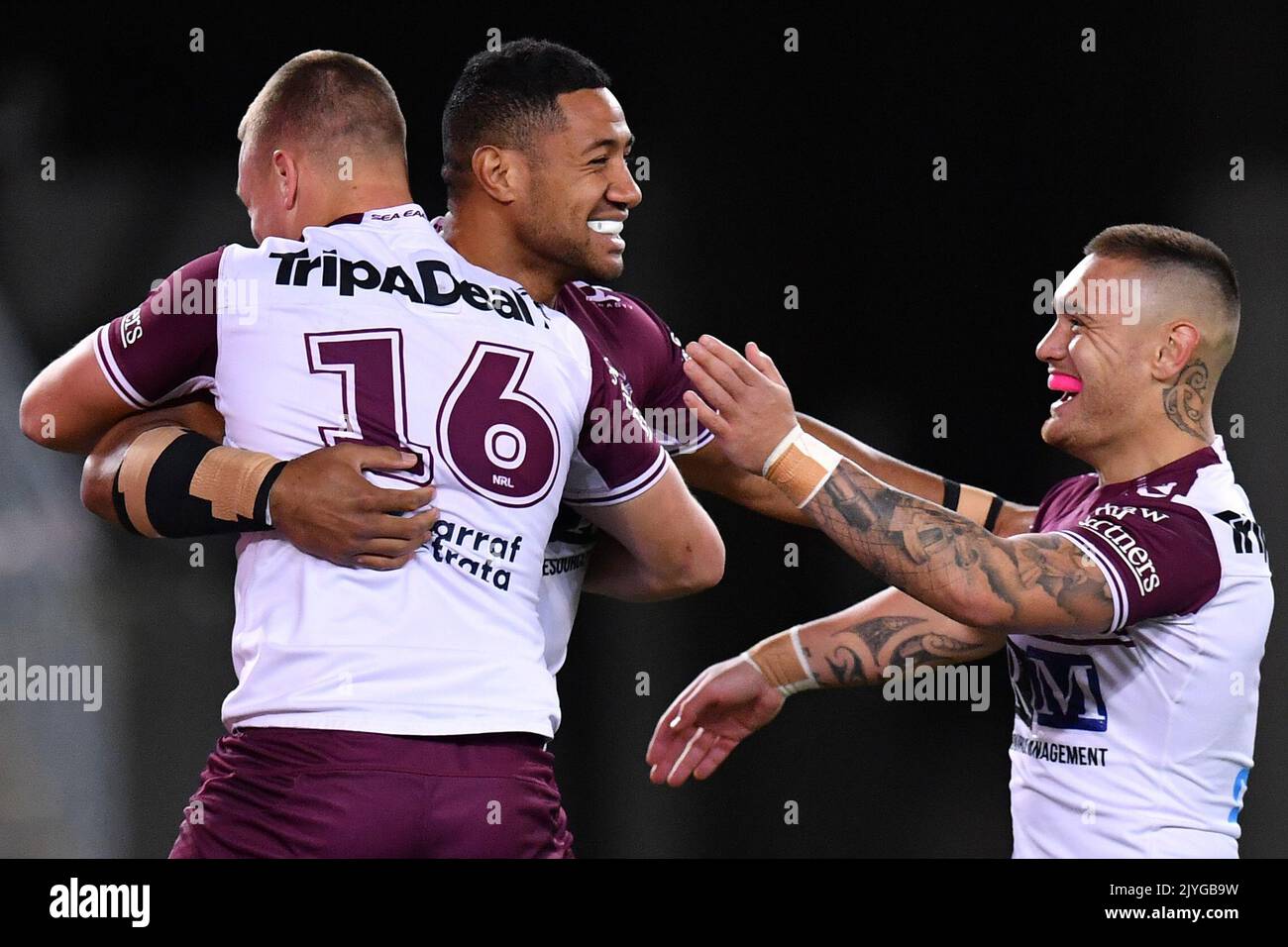 The Sea Eagles celebrate Taniela Paseka's try during the Round 18 NRL ...