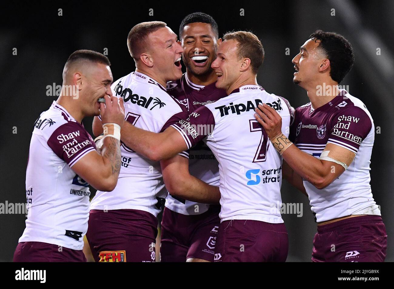 The Sea Eagles celebrate Taniela Paseka's try during the Round 18 NRL ...