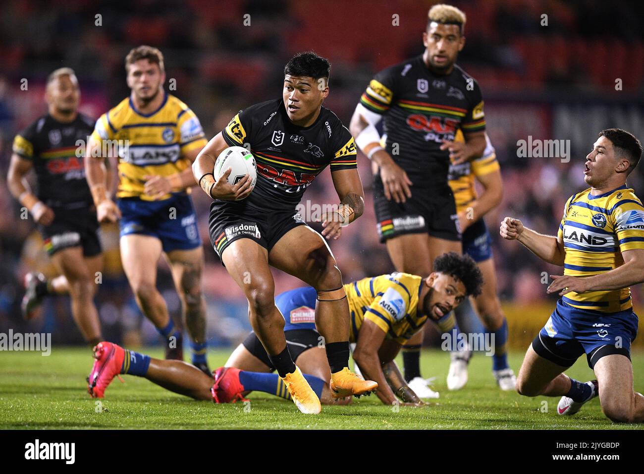 Brian To’o of the Panthers makes a break during the Round 18 NRL match ...