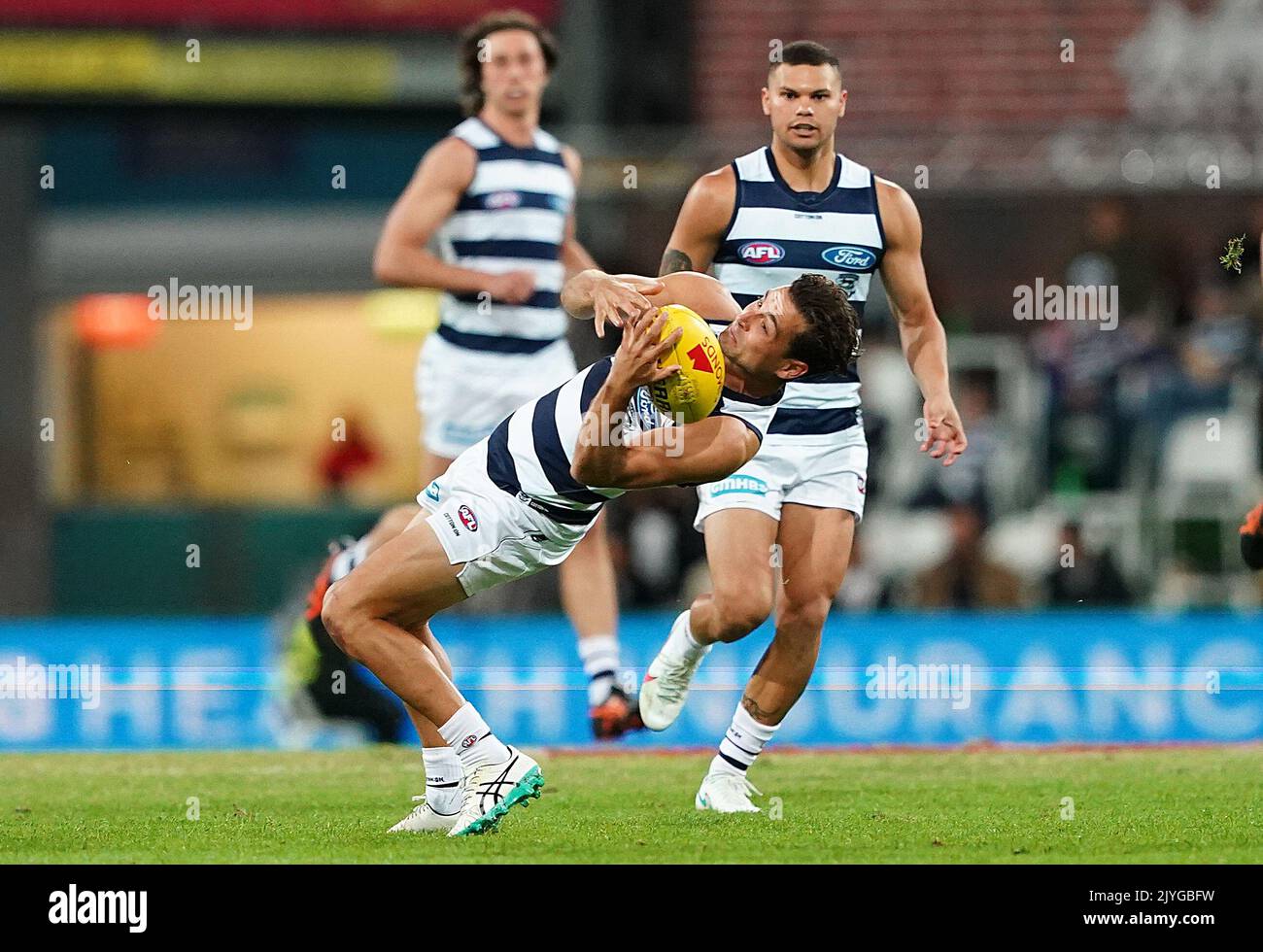 Luke Dahlhaus of the Cats takes a mark during the Round 17 AFL match ...
