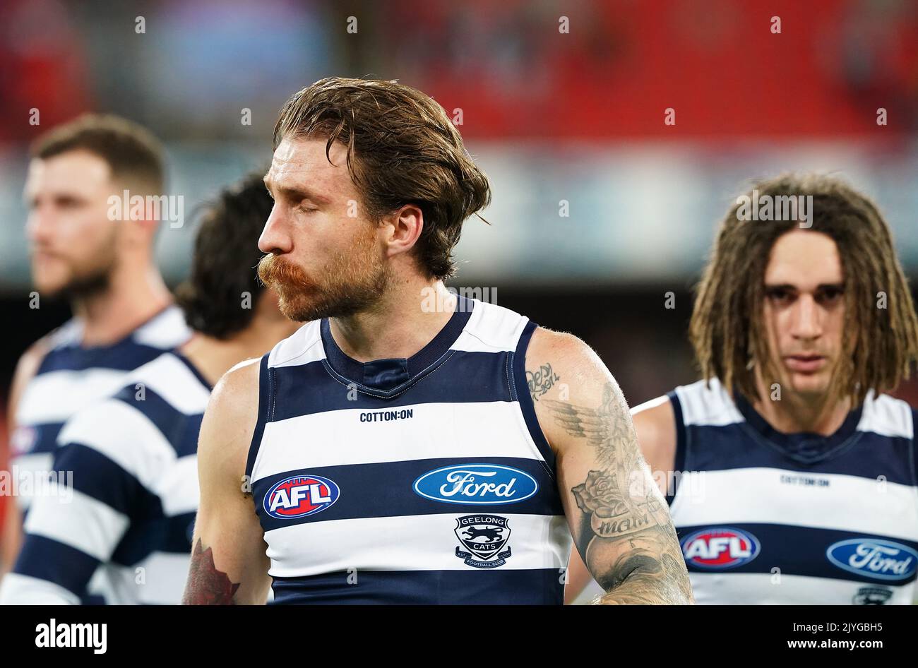 Zach Tuohy of the Cats reacts following his 200th game, the Round 17 ...