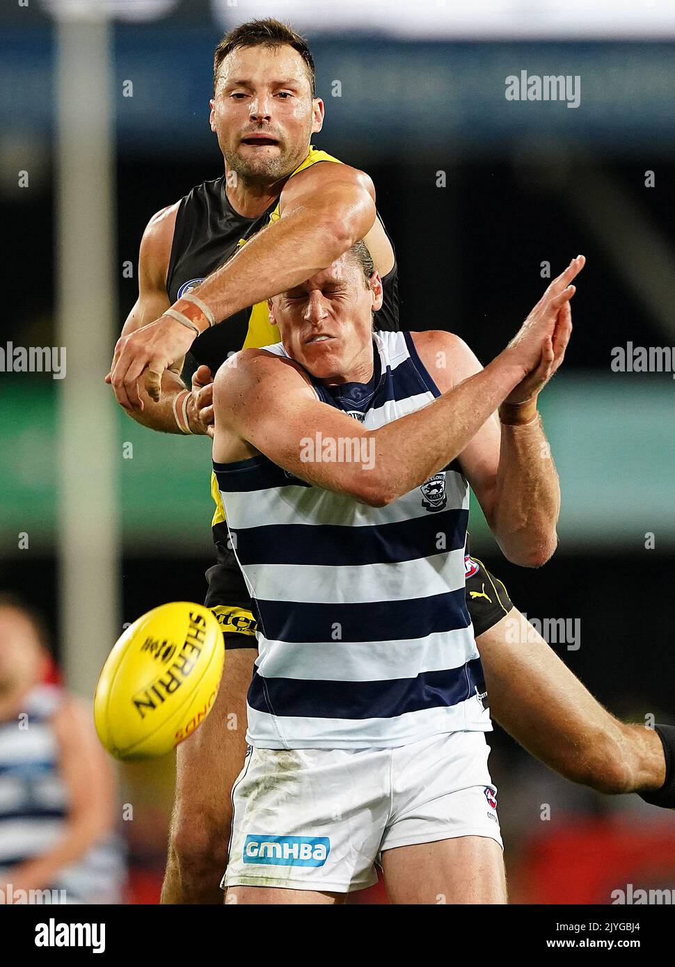 Toby Nankervis of the Tigers (left) and Mark Blicavs during the Round ...