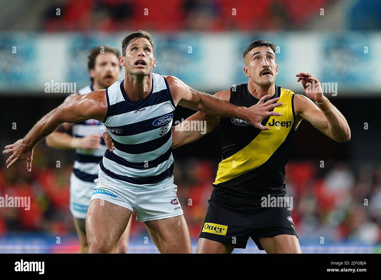 Tom Hawkins of the Cats (left) competes with Ivan Soldo of the Tigers ...