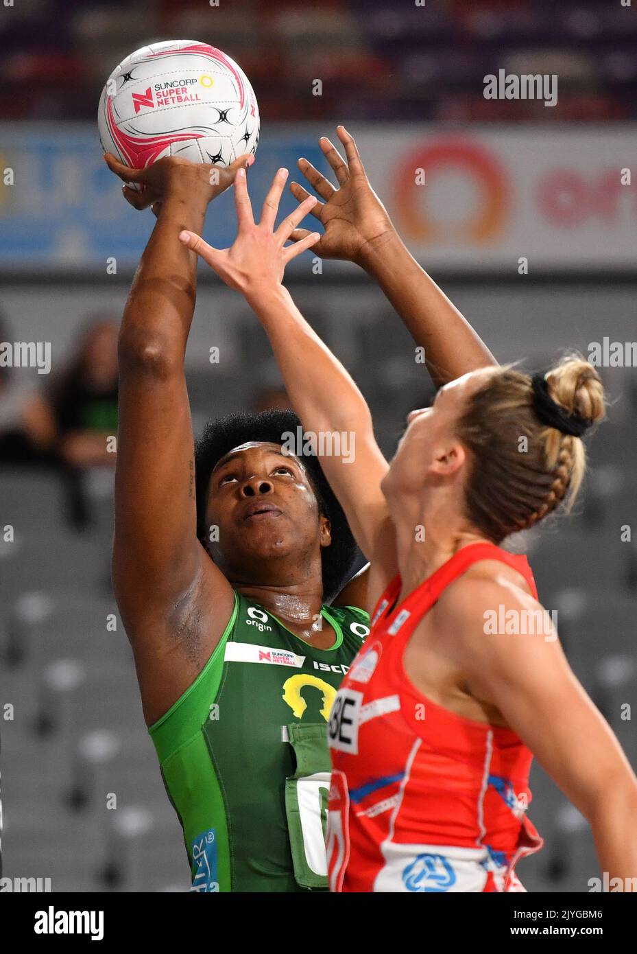 Jhaniele Fowler (left) of the Fever shoots for goal during the Round 12 ...