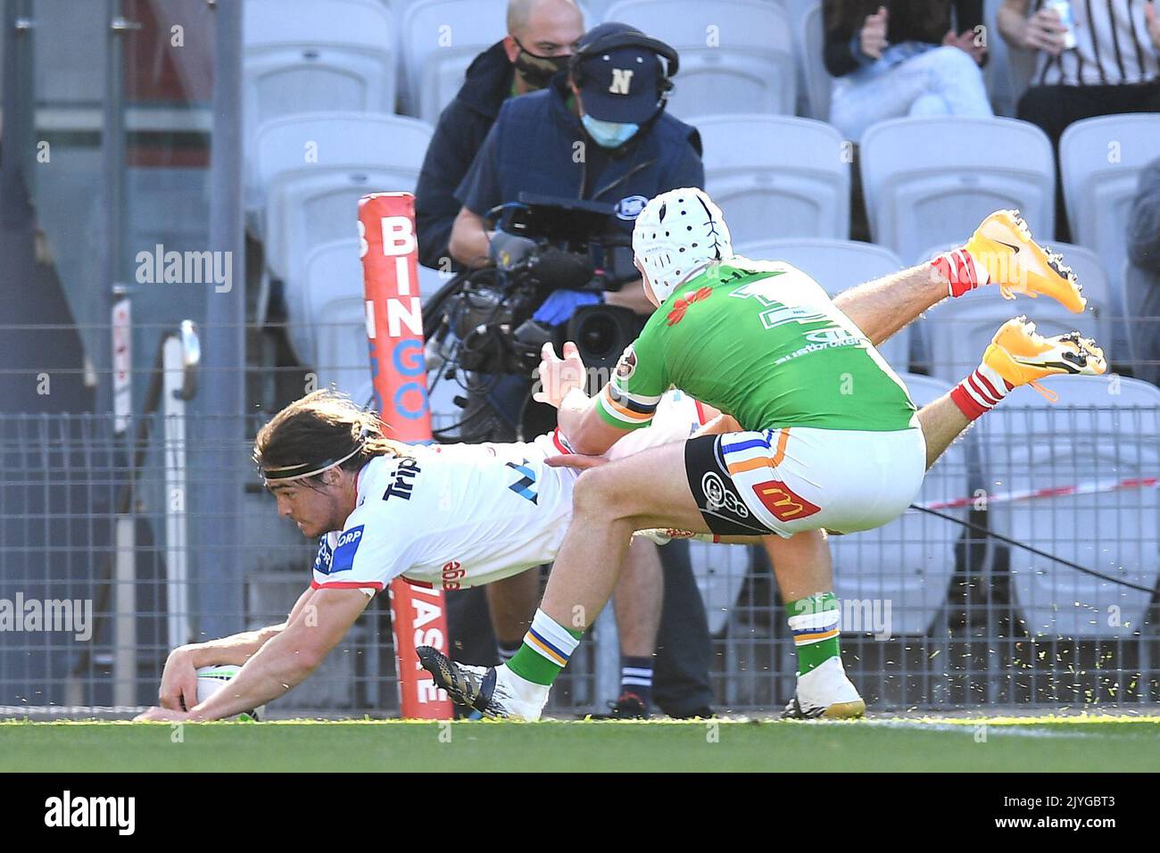 Cody Ramsey of the Dragons scores a try during the Round 18 NRL match ...