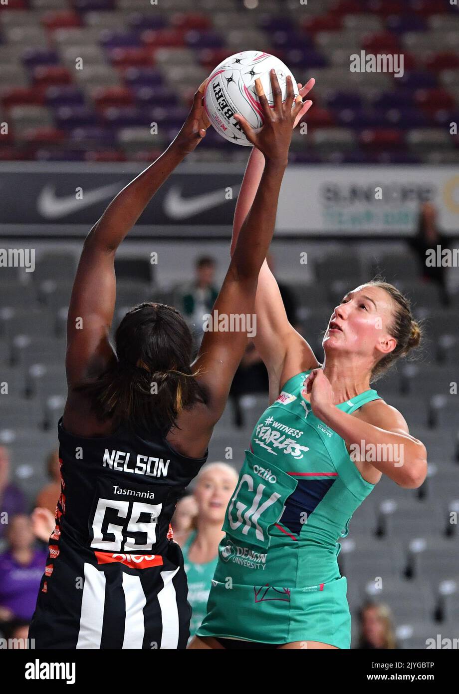 Shimona Nelson (left) of the Magpies contests for the ball against ...