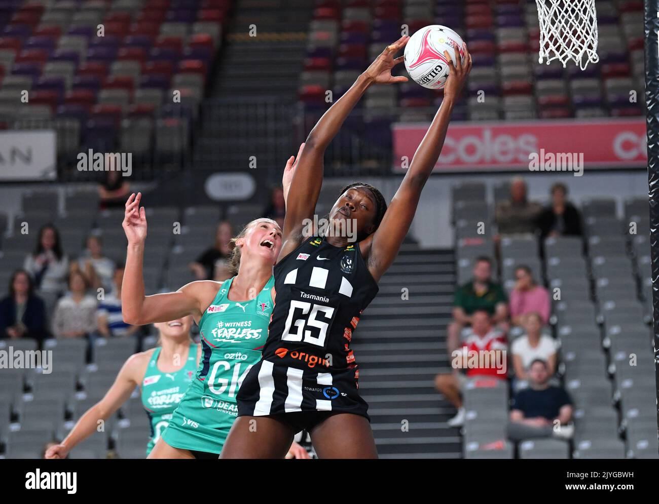 Shimona Nelson (right) of the Magpies contests for the ball against ...