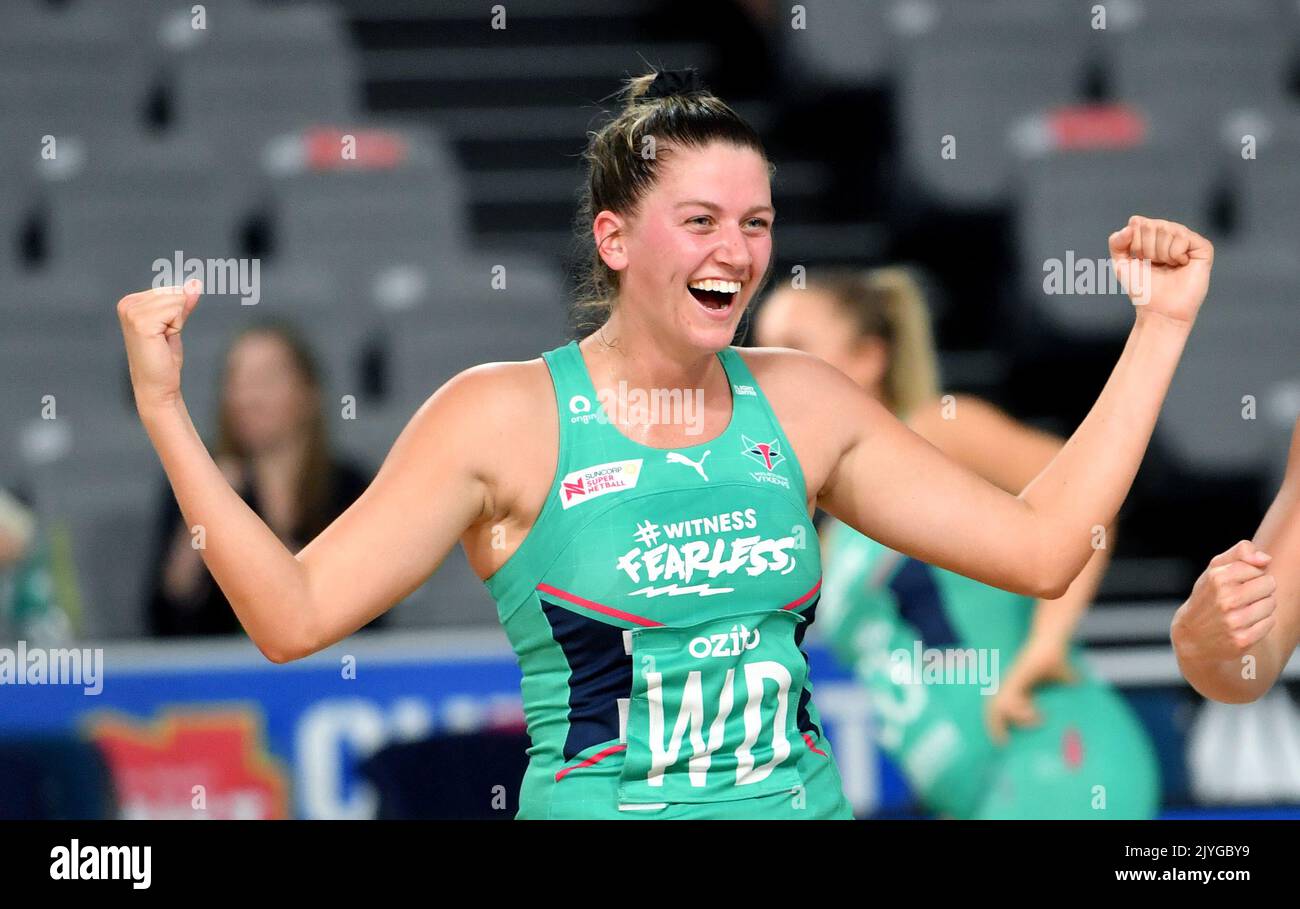 Kate Eddy of the Vixens celebrates winning the Round 12 Super Netball ...