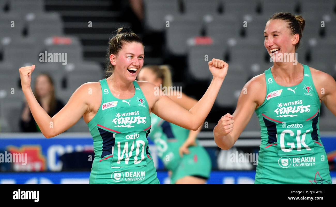 Kate Eddy (left) and Emily Mannix (right) of the Vixens celebrate ...