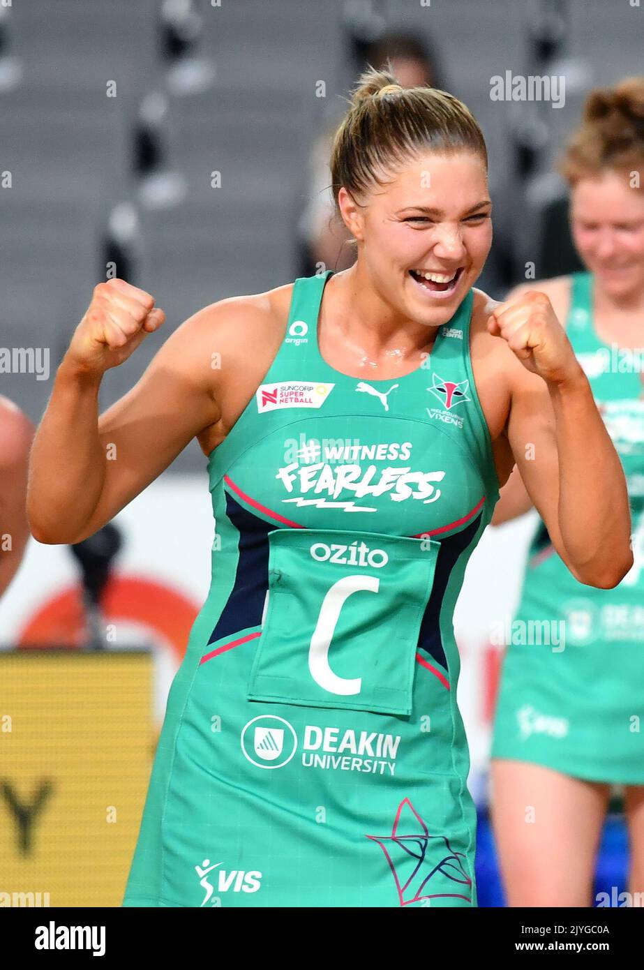 Kate Moloney of the Vixens celebrates winning the Round 12 Super ...
