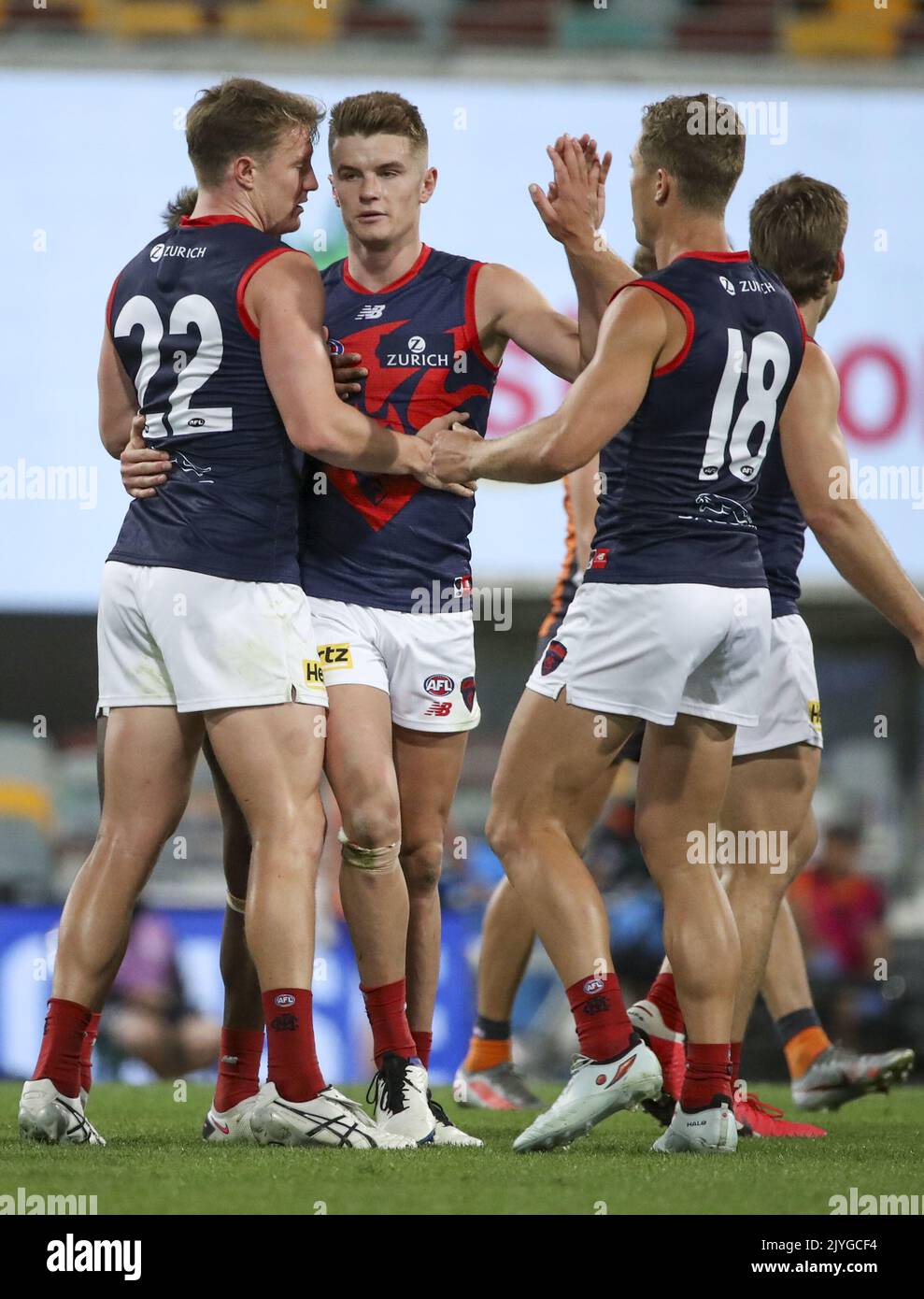 Bayley Fritsch of the Demons celebrates a goal during the Round 17 AFL ...