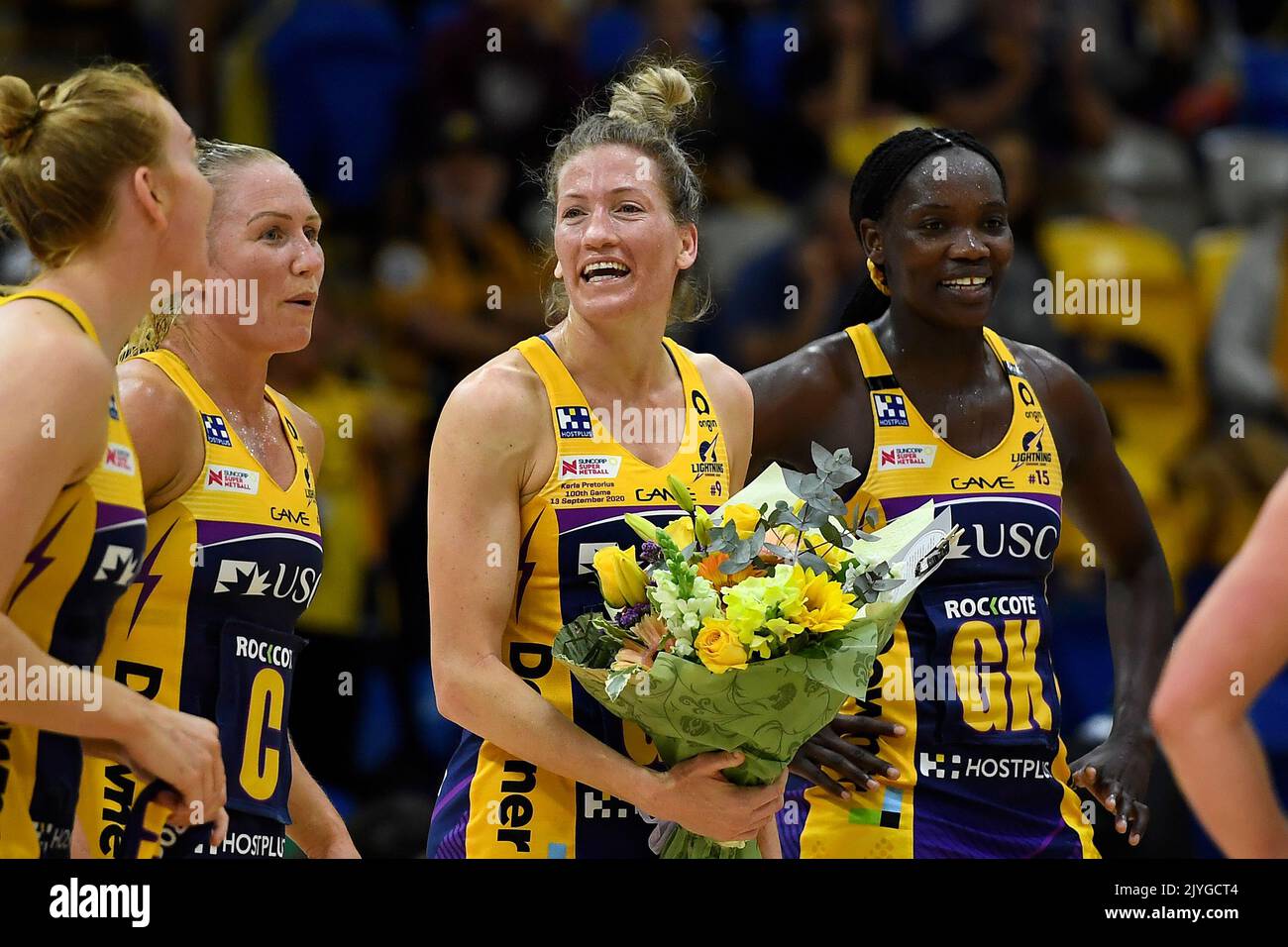 Karla Pretorius of the Lightning celebrates her 100th game during the ...