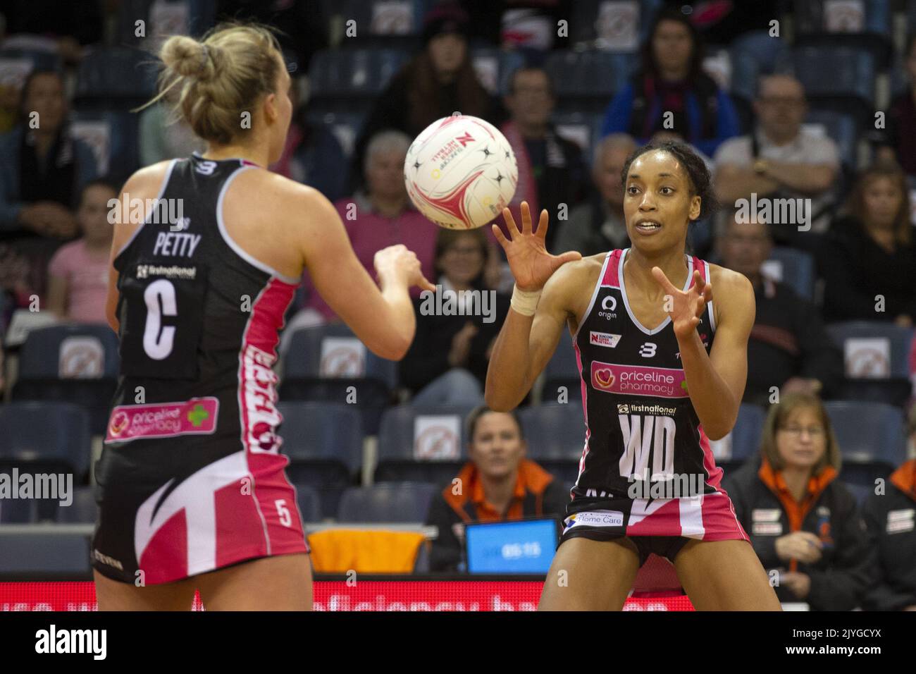 Hannah Petty (left) during the Round 12 Super Netball match between the ...