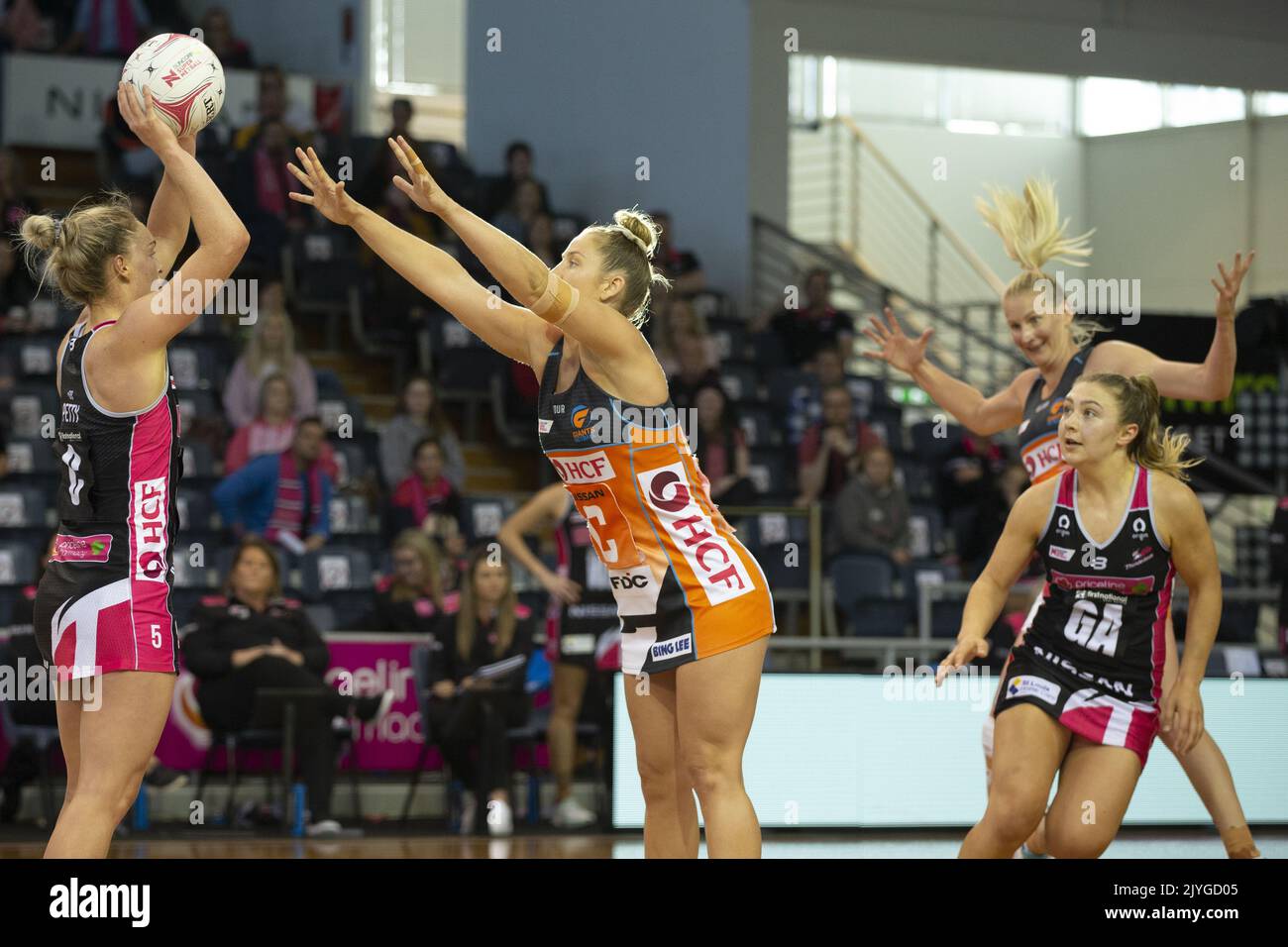 Hannah Petty (left) during the Round 12 Super Netball match between the ...