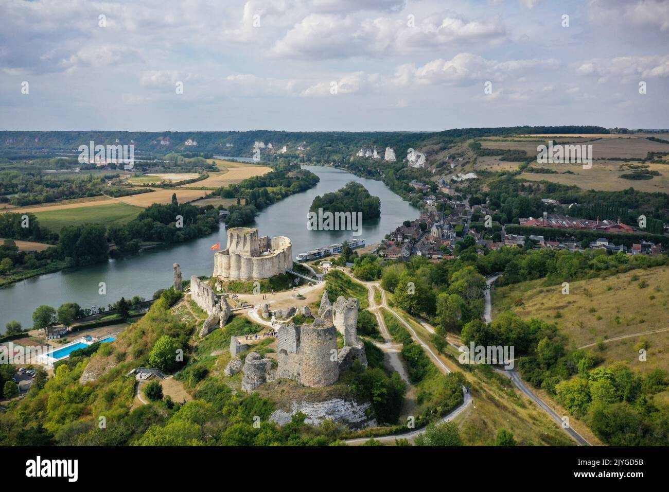 aerial view on gaillard castle in the city of the andelys in Normandy ...