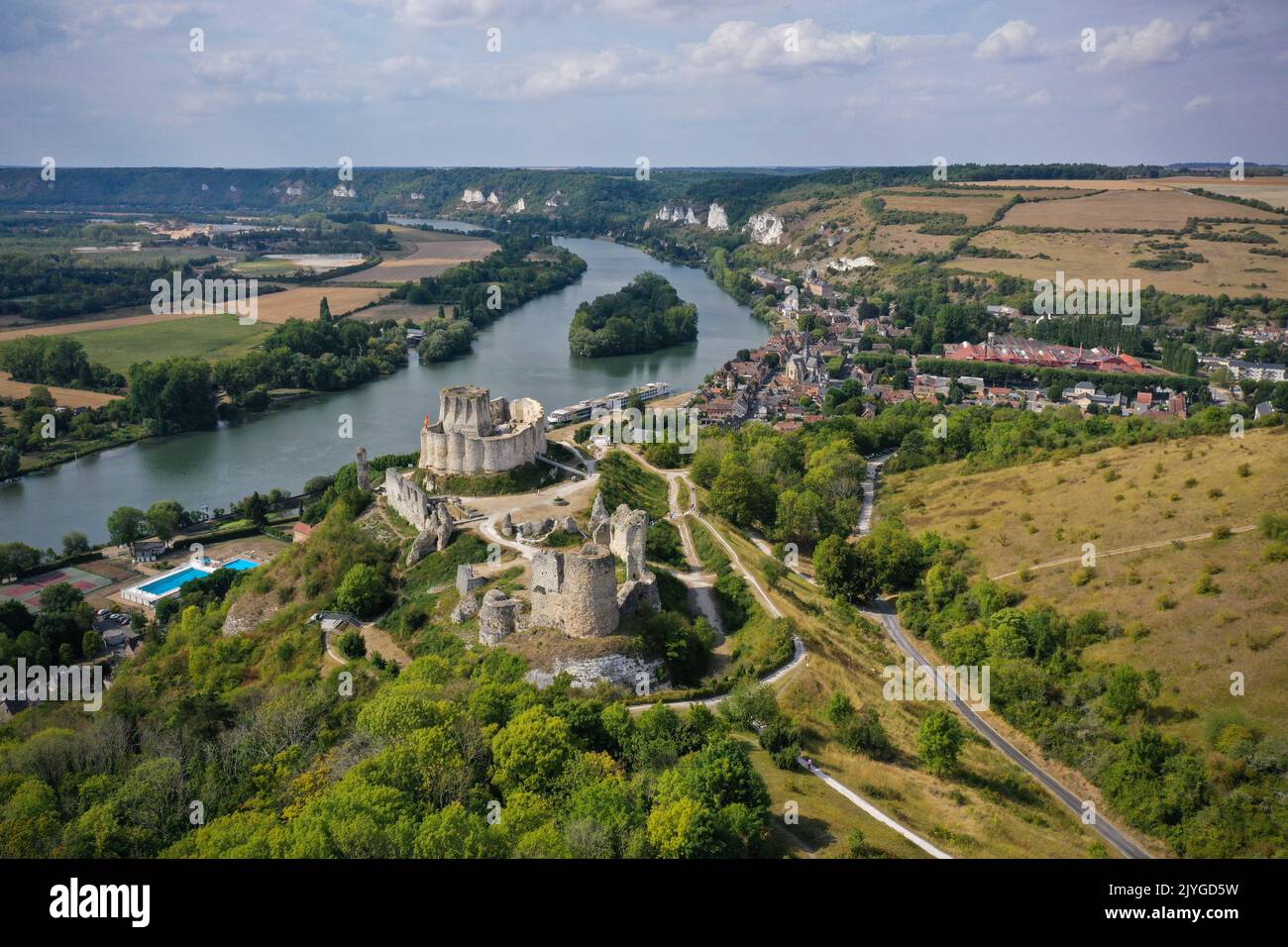 aerial view on gaillard castle in the city of the andelys in Normandy ...