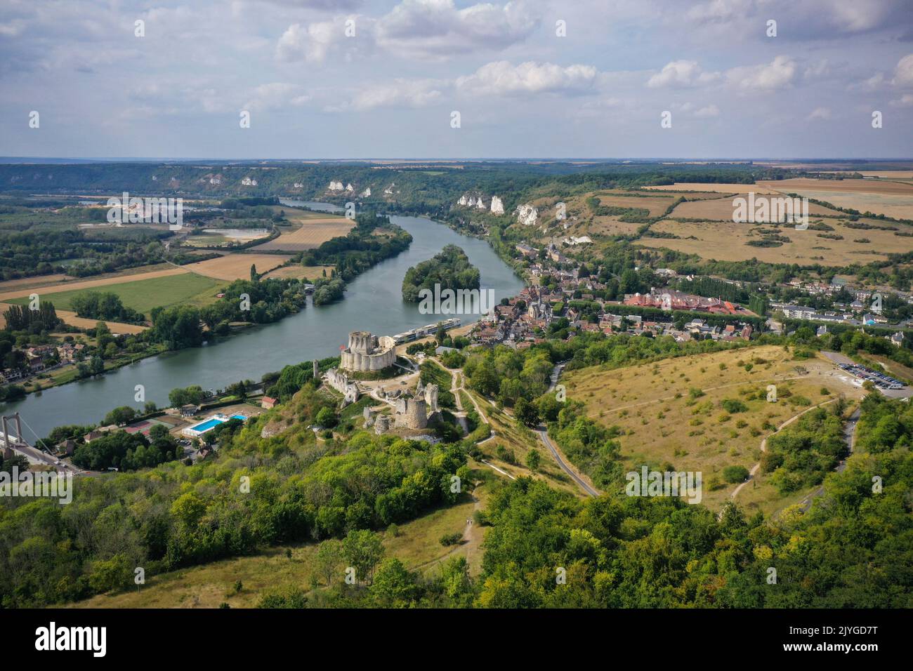 aerial view on gaillard castle in the city of the andelys in Normandy ...