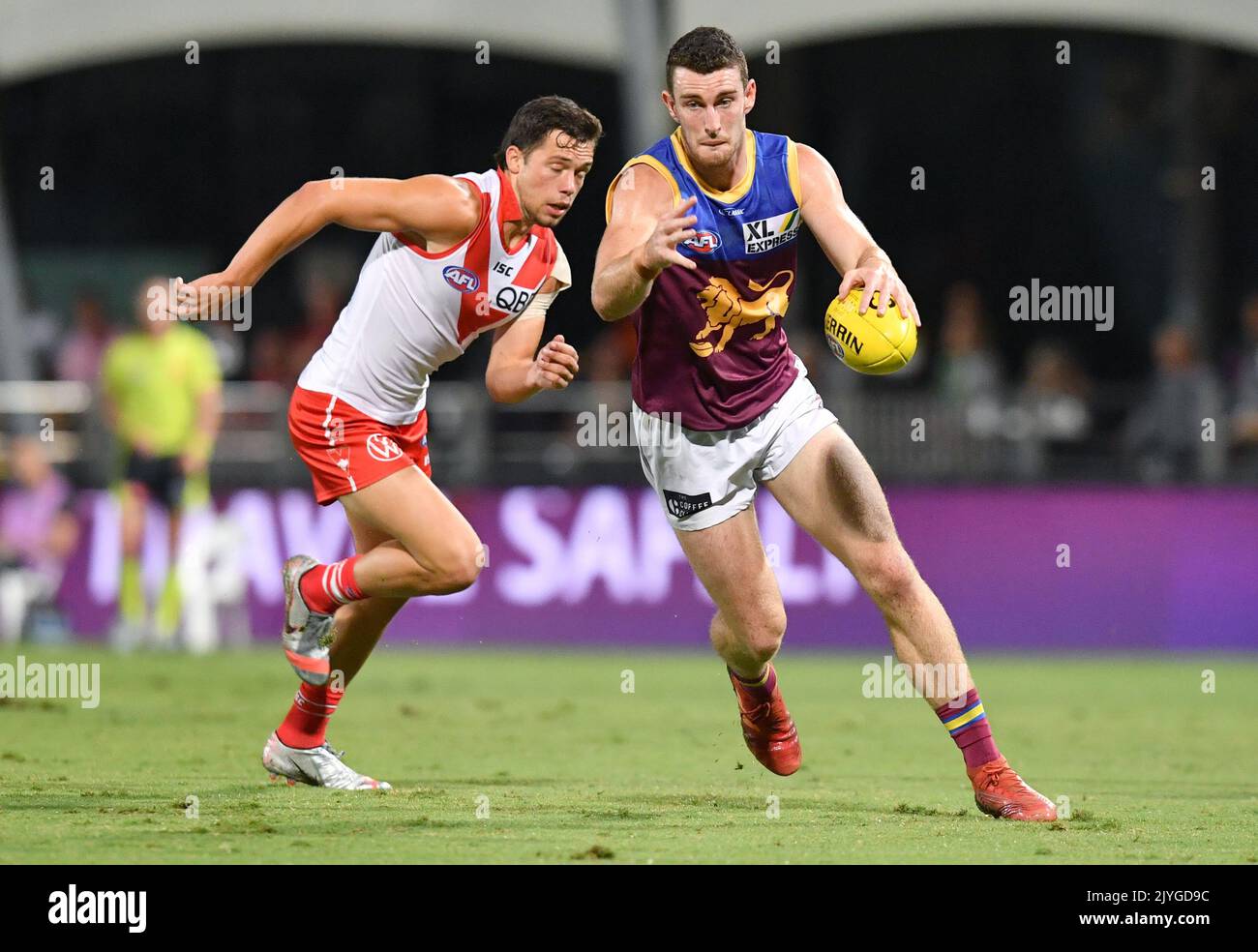 Daniel McStay (right) of the Lions in action during the Round 17 AFL ...