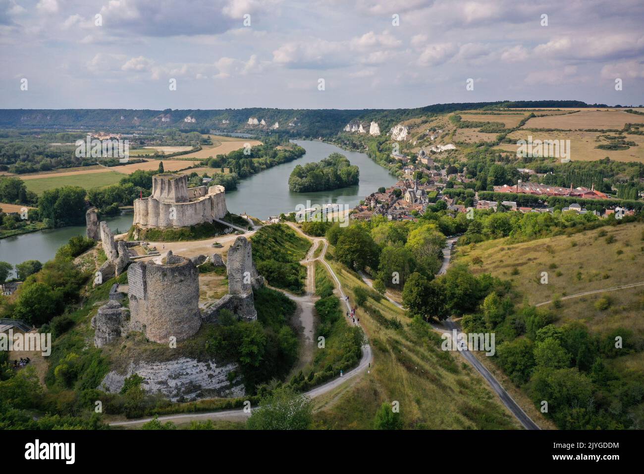 aerial view on gaillard castle in the city of the andelys in Normandy ...