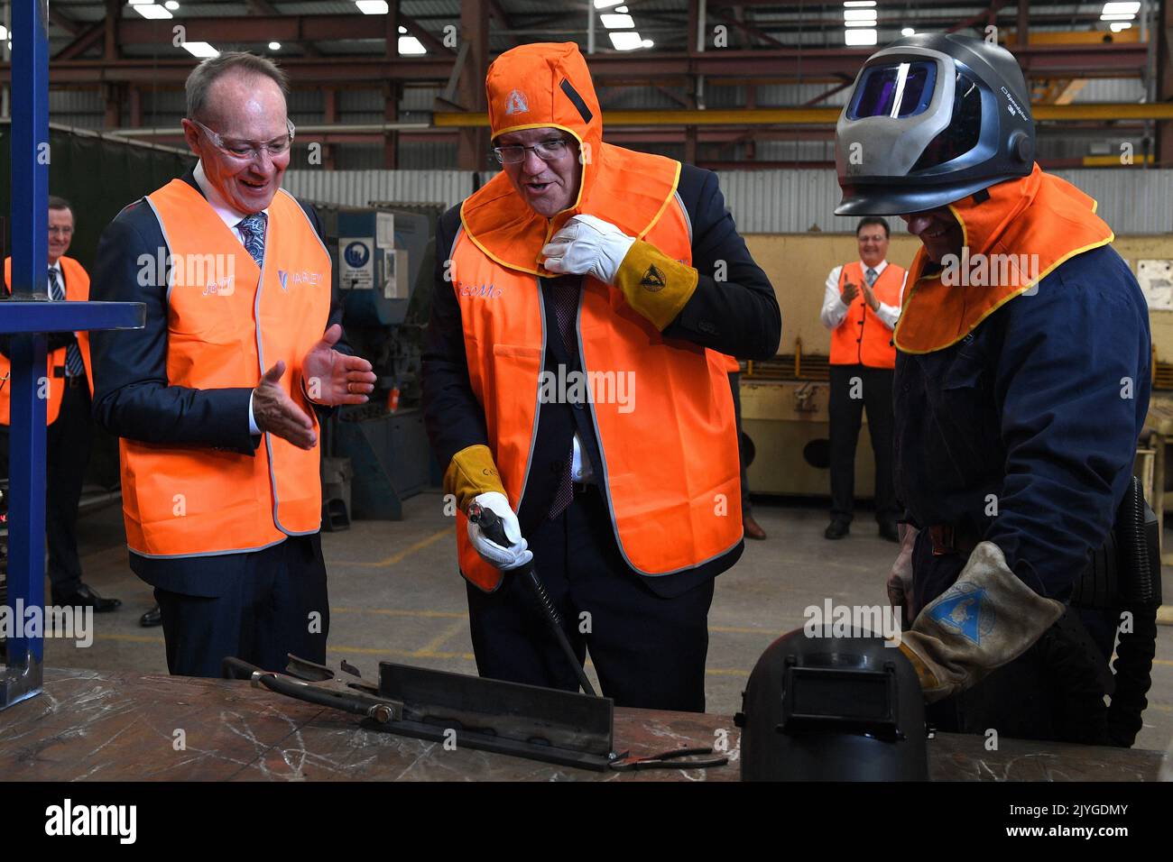 Prime Minister Scott Morrison after welding steel during a visit to ...