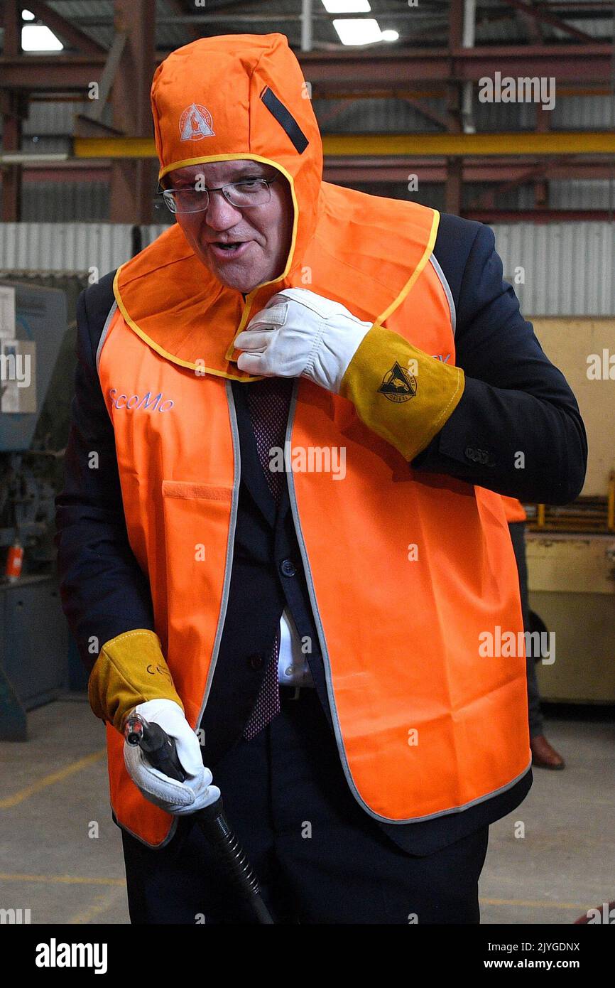 Prime Minister Scott Morrison after welding steel during a visit to ...