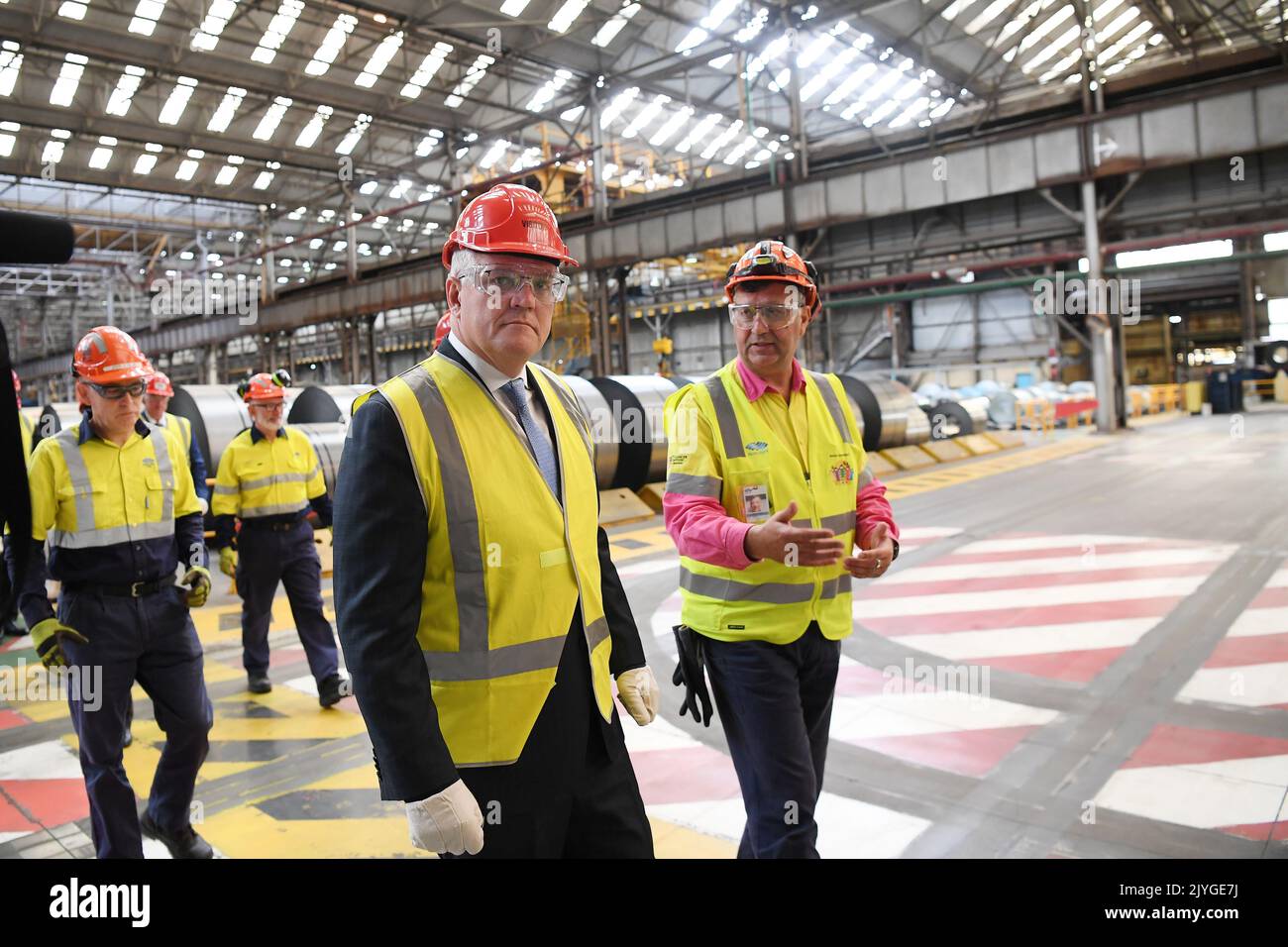 Prime Minister Scott Morrison (centre) during a visit to BlueScope ...