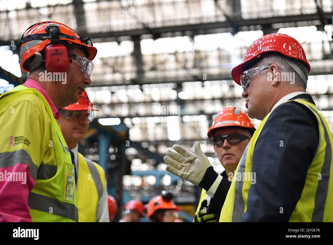 Prime Minister Scott Morrison (right) during a visit to BlueScope Steel ...