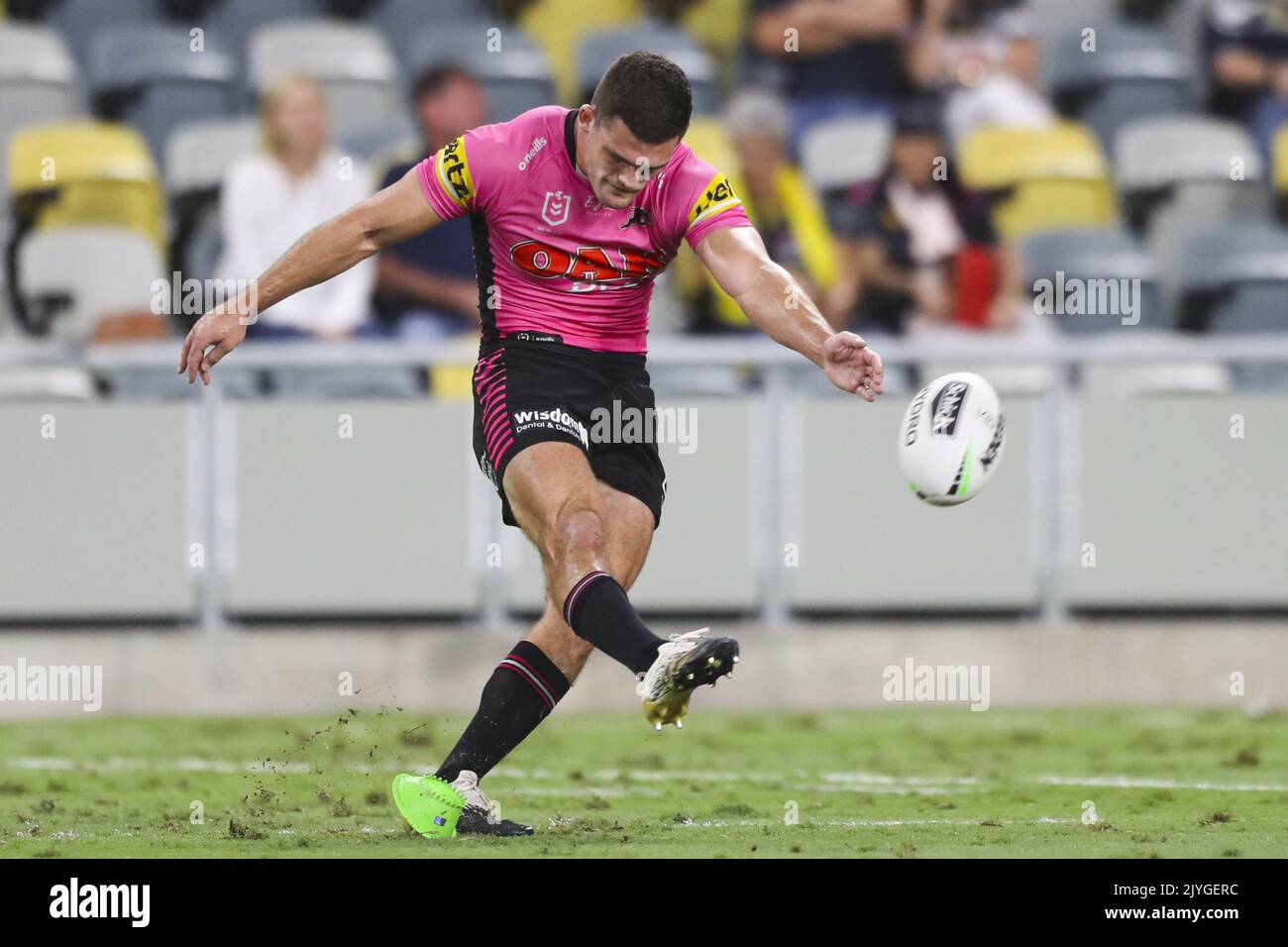 Nathan Cleary of the Panthers attempts a conversion during the Round 19 ...