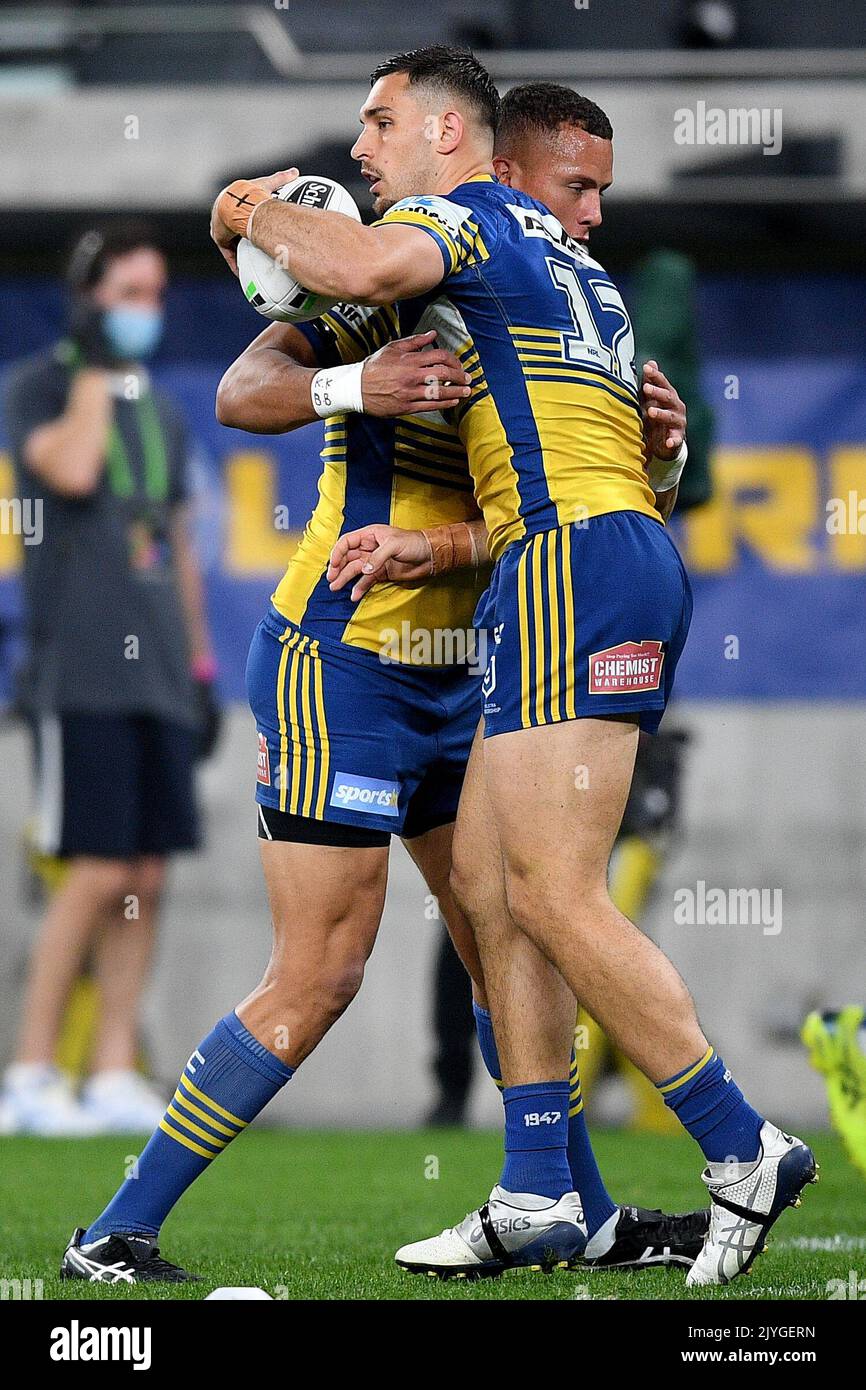 Ryan Matterson (right) and Kane Evans of the Eels during the warm up ...