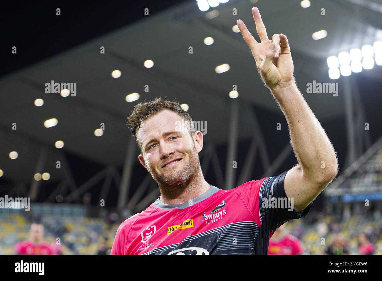 Gavin Cooper of the Cowboys thanks fans after playing his last game ...