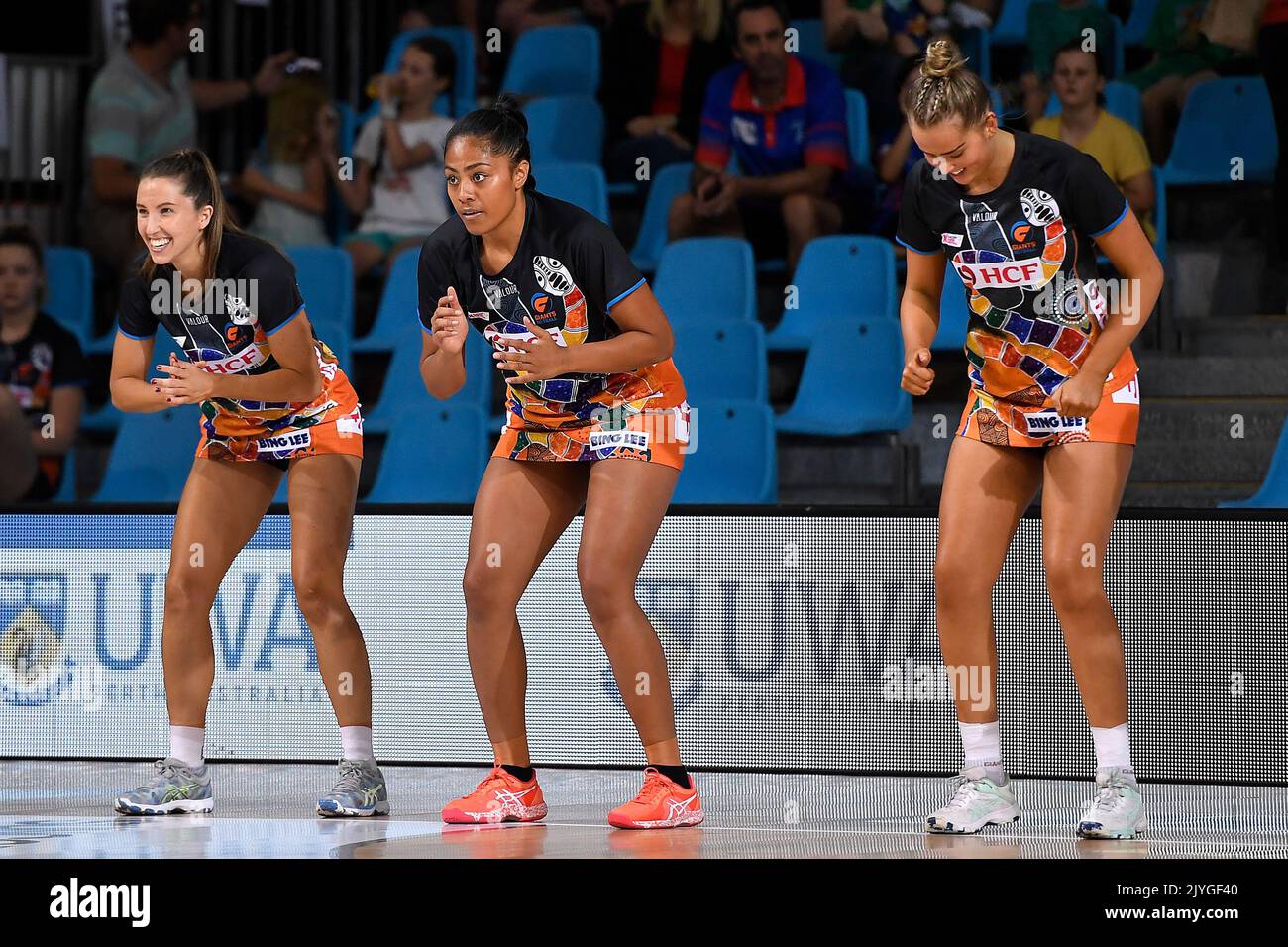 Giants warm up during the Round 13 Super Netball match between the West ...